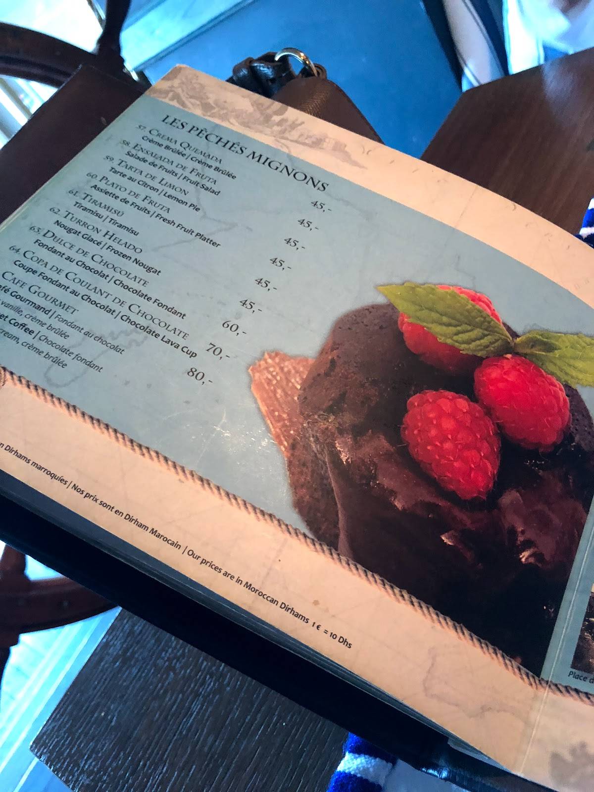 Carta del restaurante El Tangerino, Tánger, 186 Ave Mohammed VI
