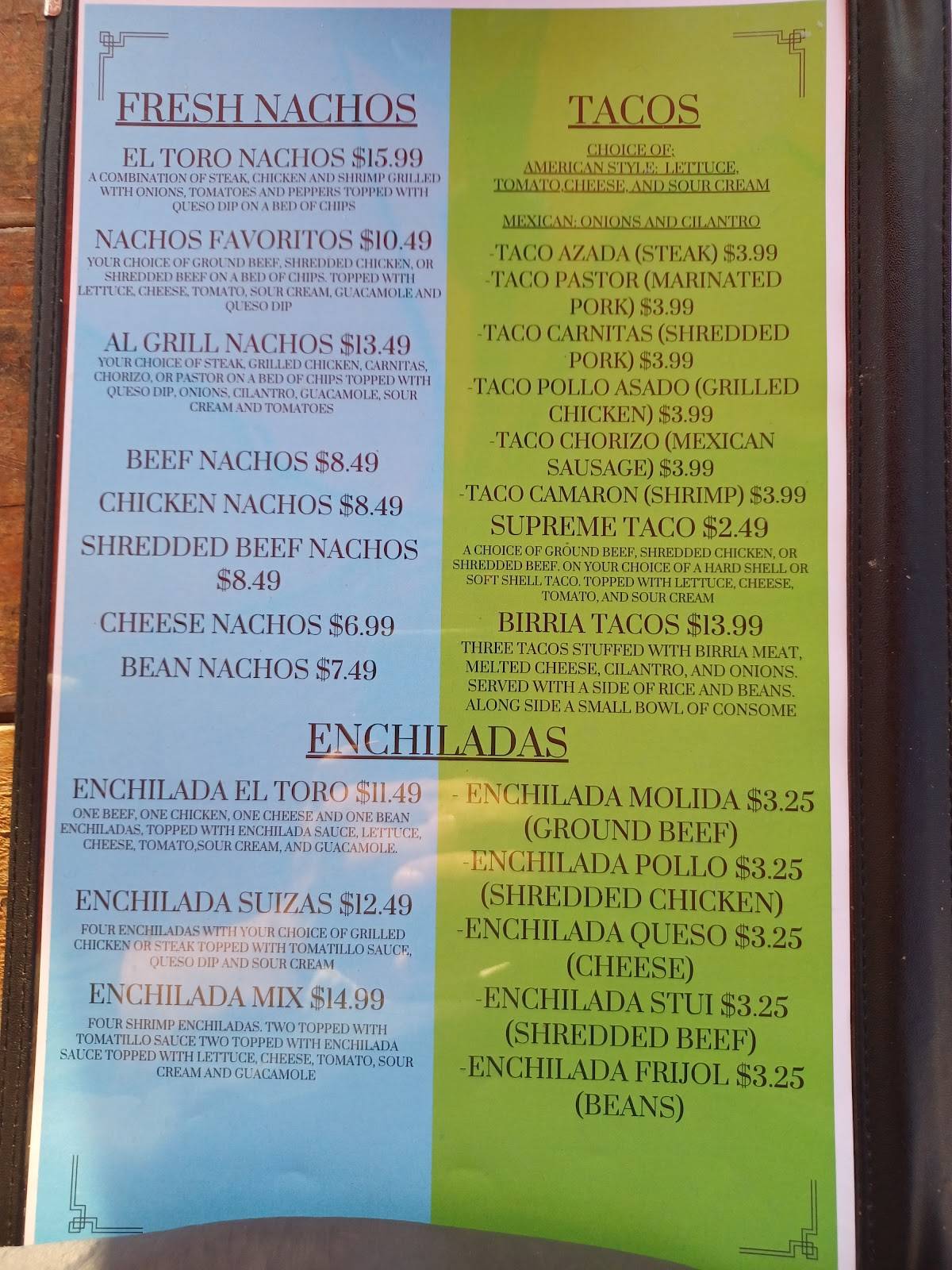 Menu at El Toro Mexican Grill restaurant, Baldwin