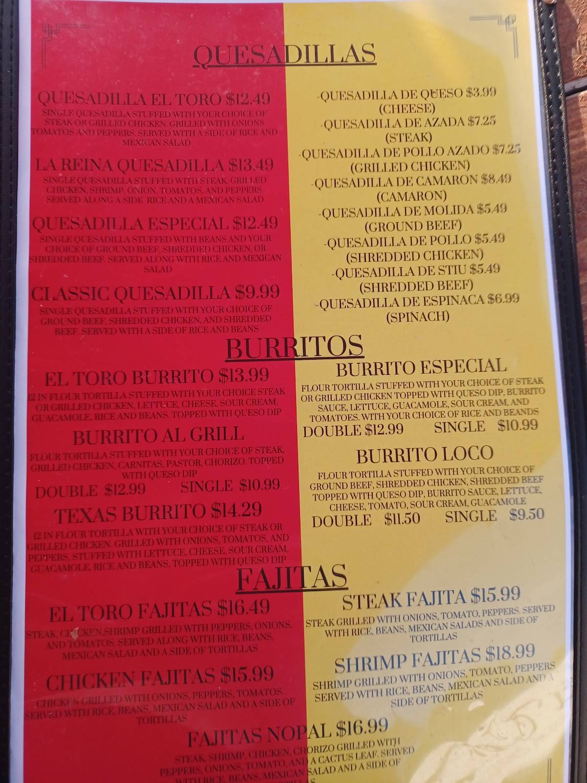 Menu at El Toro Mexican Grill restaurant, Baldwin