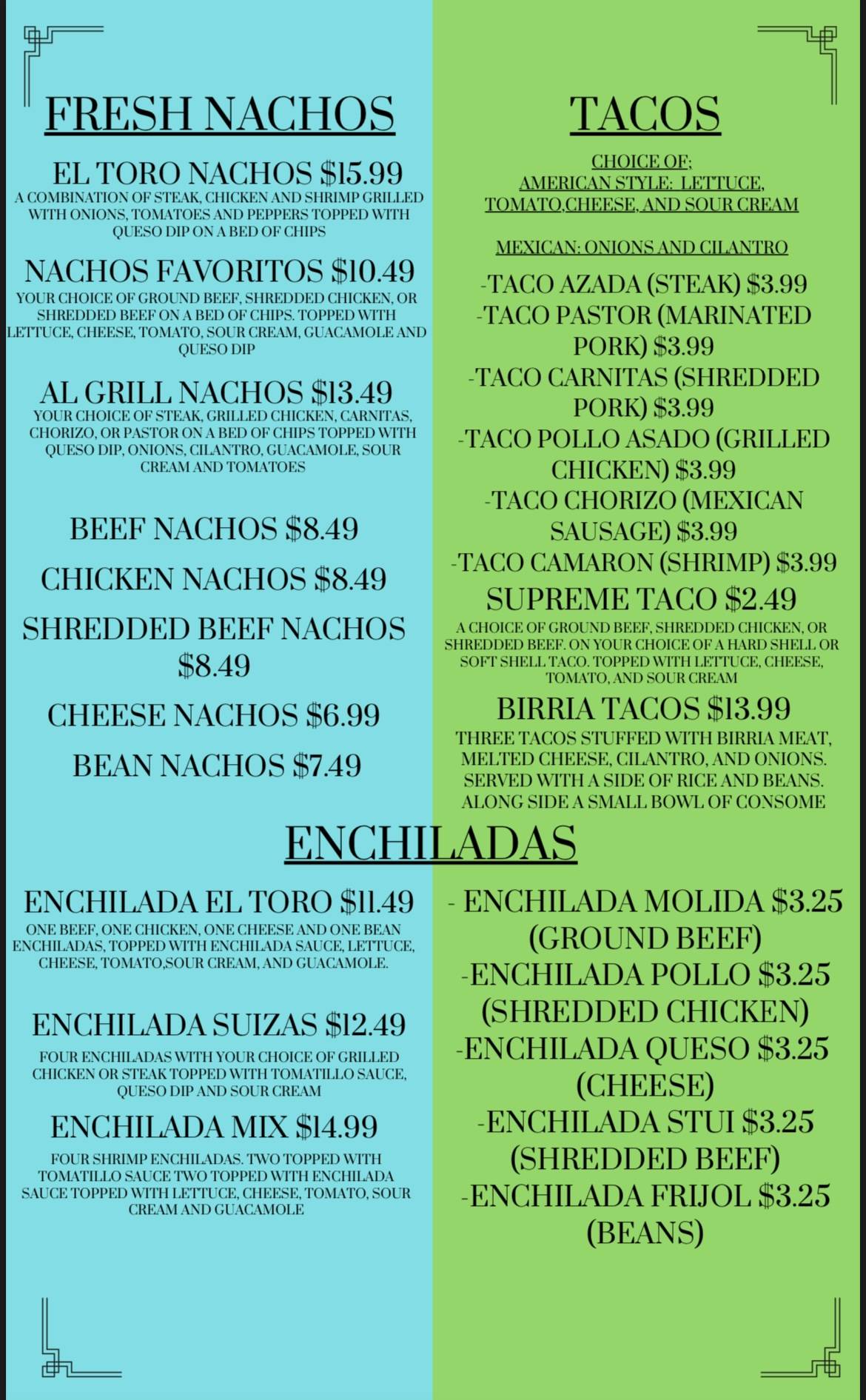 Menu at El Toro Mexican Grill restaurant, Baldwin