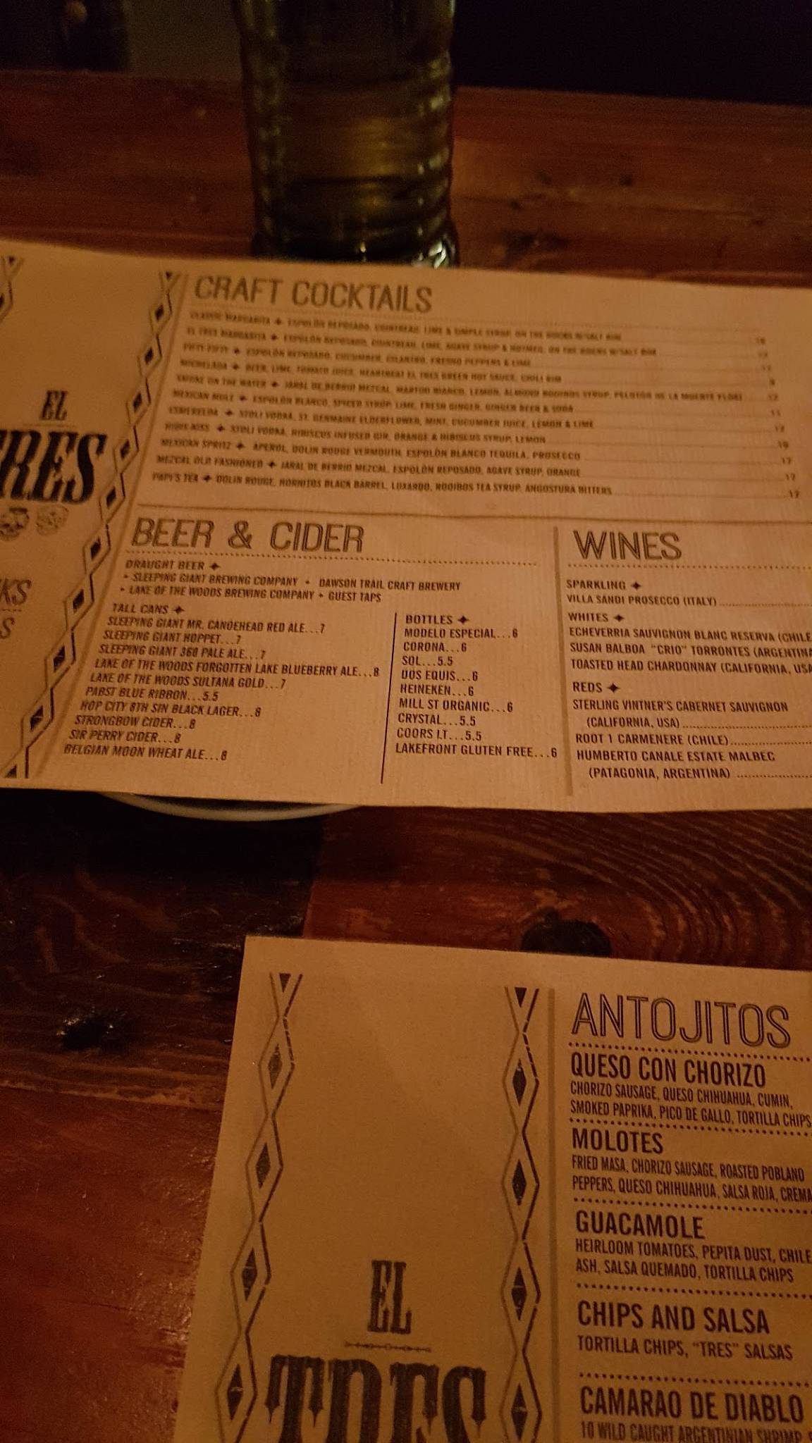 Menu at El Tres restaurant, Thunder Bay