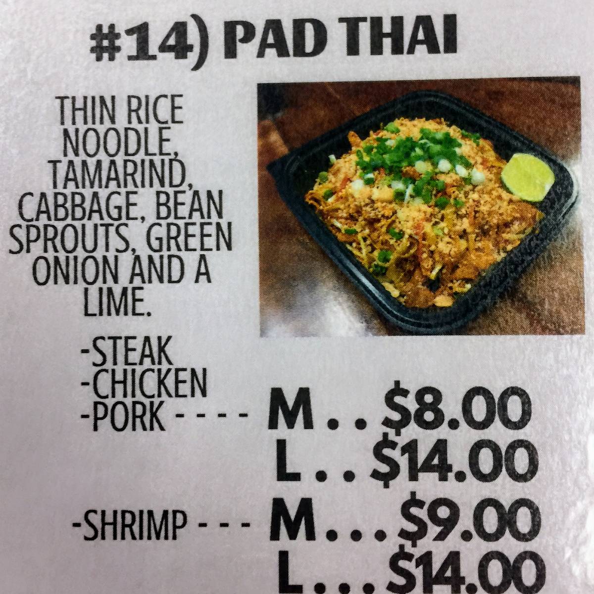 Menu at Kao's restaurant, Elkhart