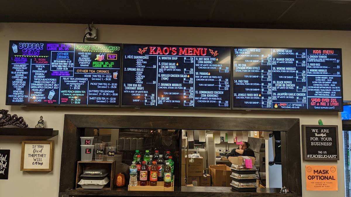 Menu at Kao's restaurant, Elkhart