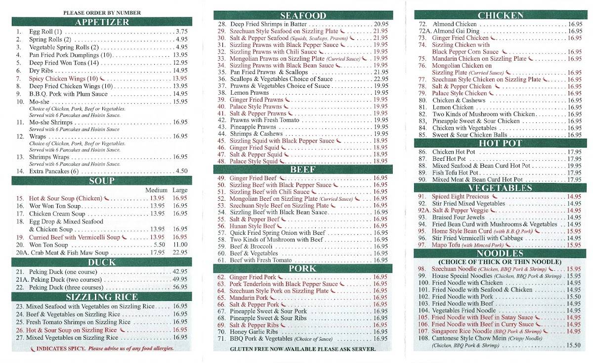 Menu at Emerald Garden restaurant, Calgary