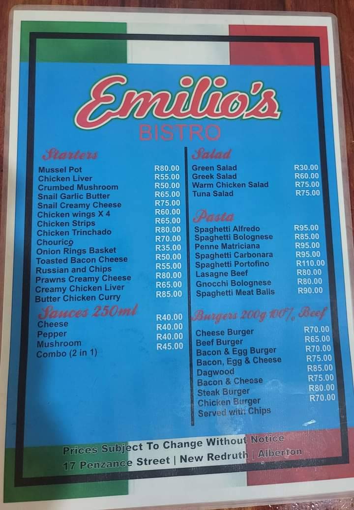 Menu at Emilios Bistro pub & bar, New Redruth