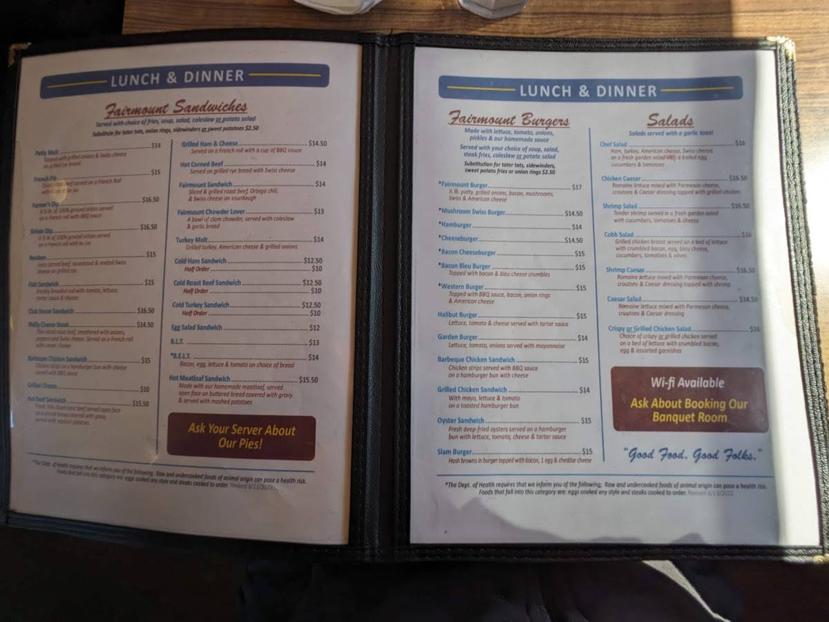 Menu at Fairmount Diner restaurant, Port Angeles