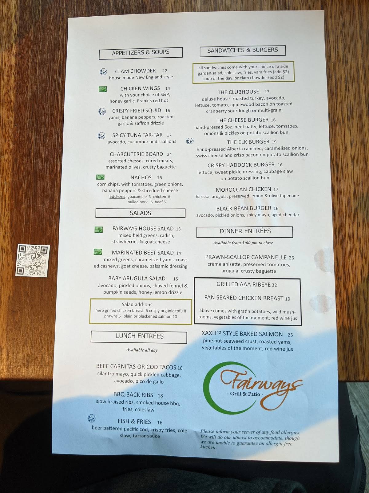 Menu at Fairways Grill & Patio restaurant, Coquitlam