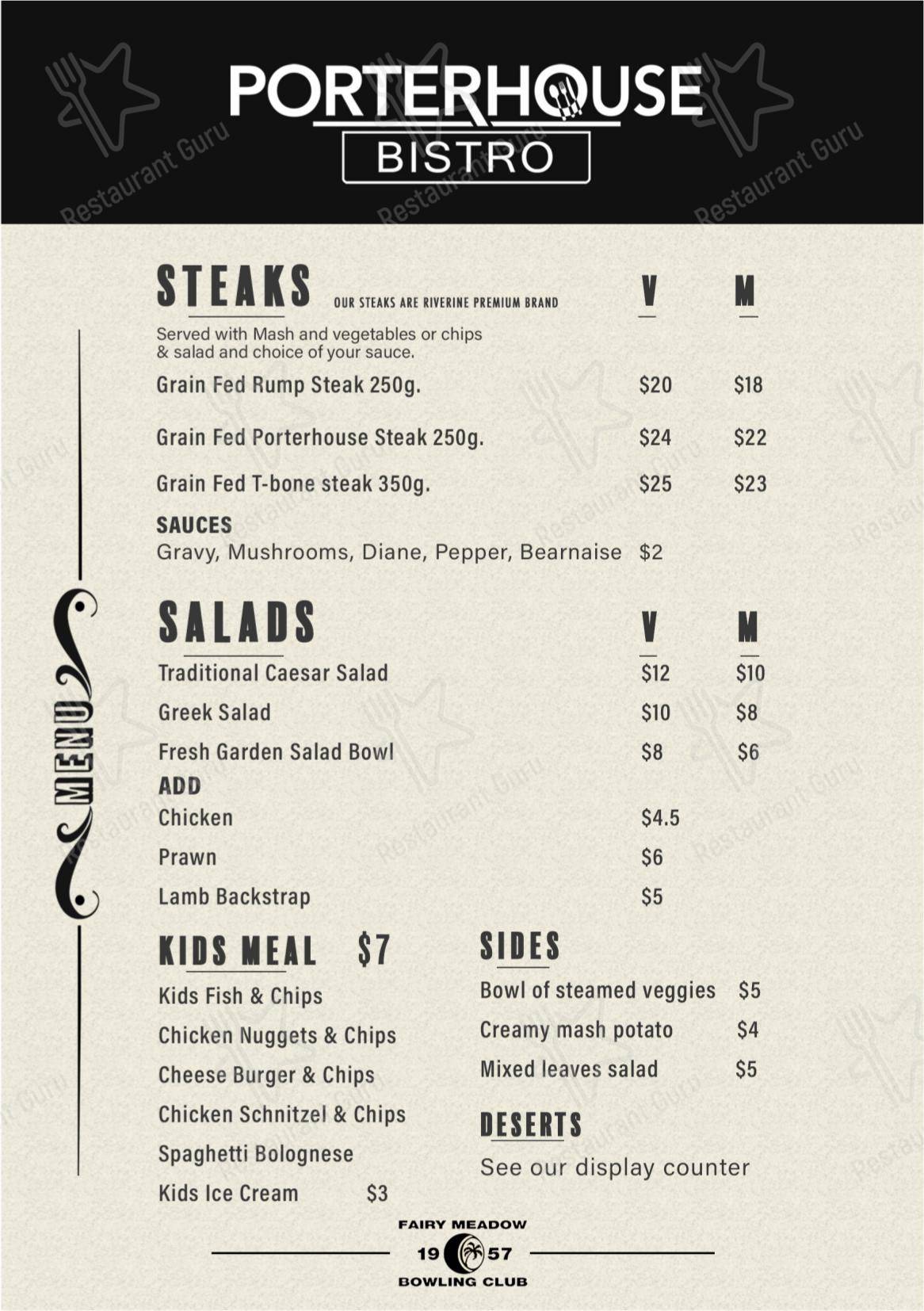 Menu at Fairy Meadow Bowling Club, Fairy Meadow