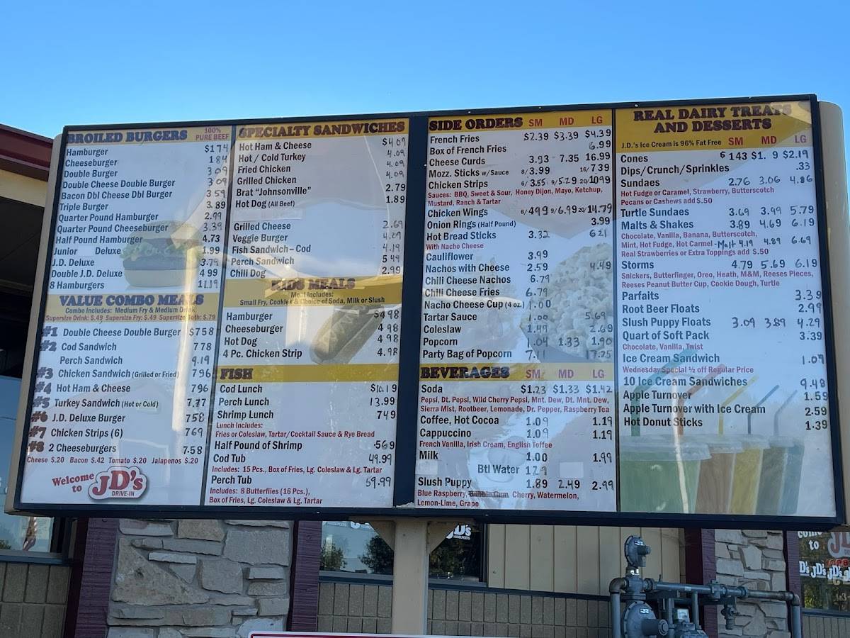 Menu at JD's Drive-In fast food, Appleton