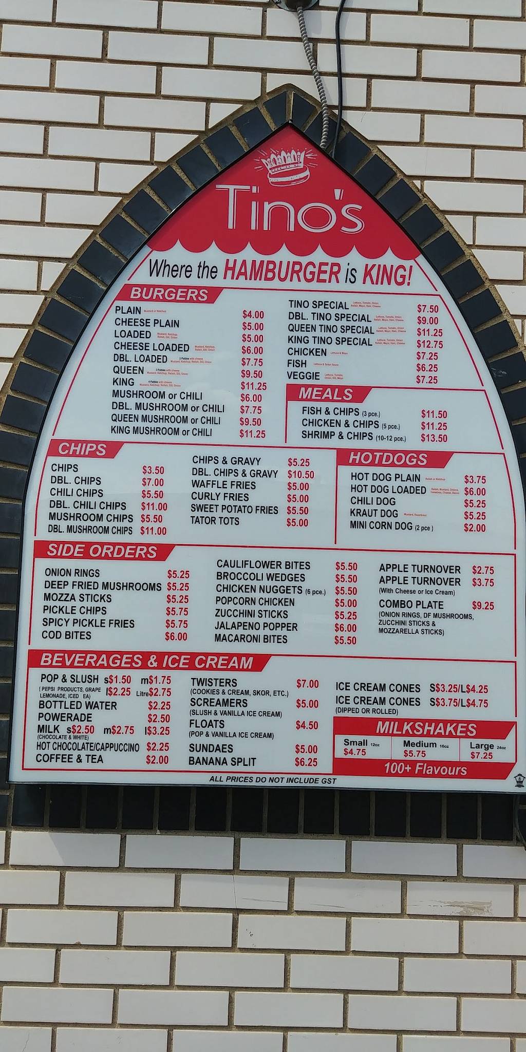 Menu at Tino's fast food, Medicine Hat
