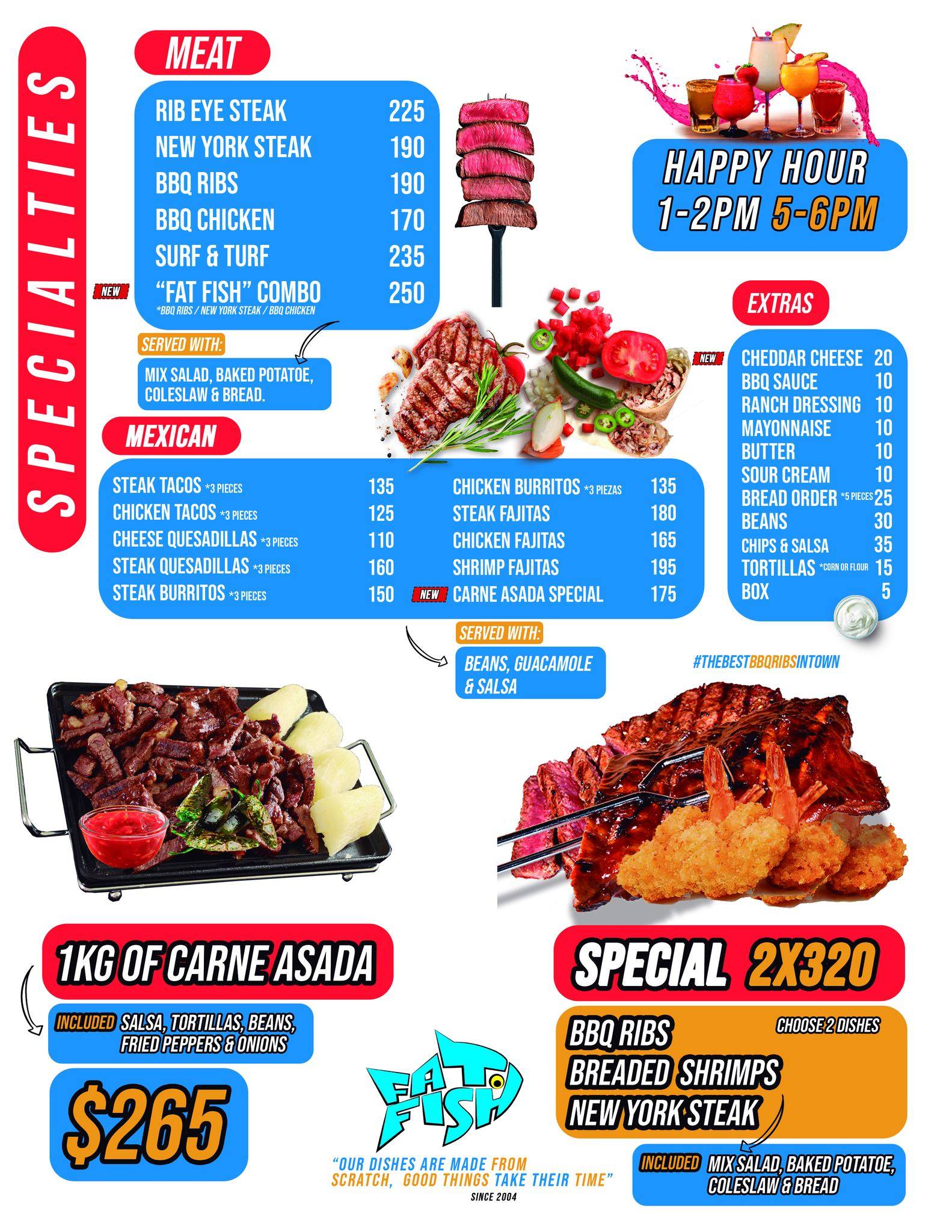Menu at Fat Fish restaurant, Mazatlán