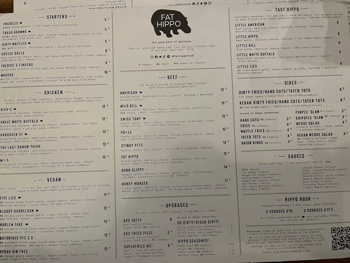 Menu at Fat Hippo Birmingham restaurant, Birmingham
