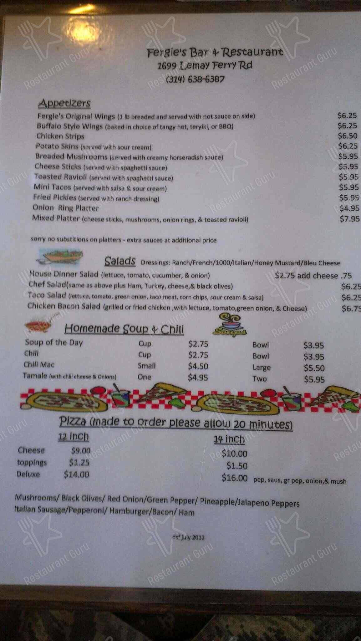 Menu at Fergie's Bar & Restaurant, Lemay