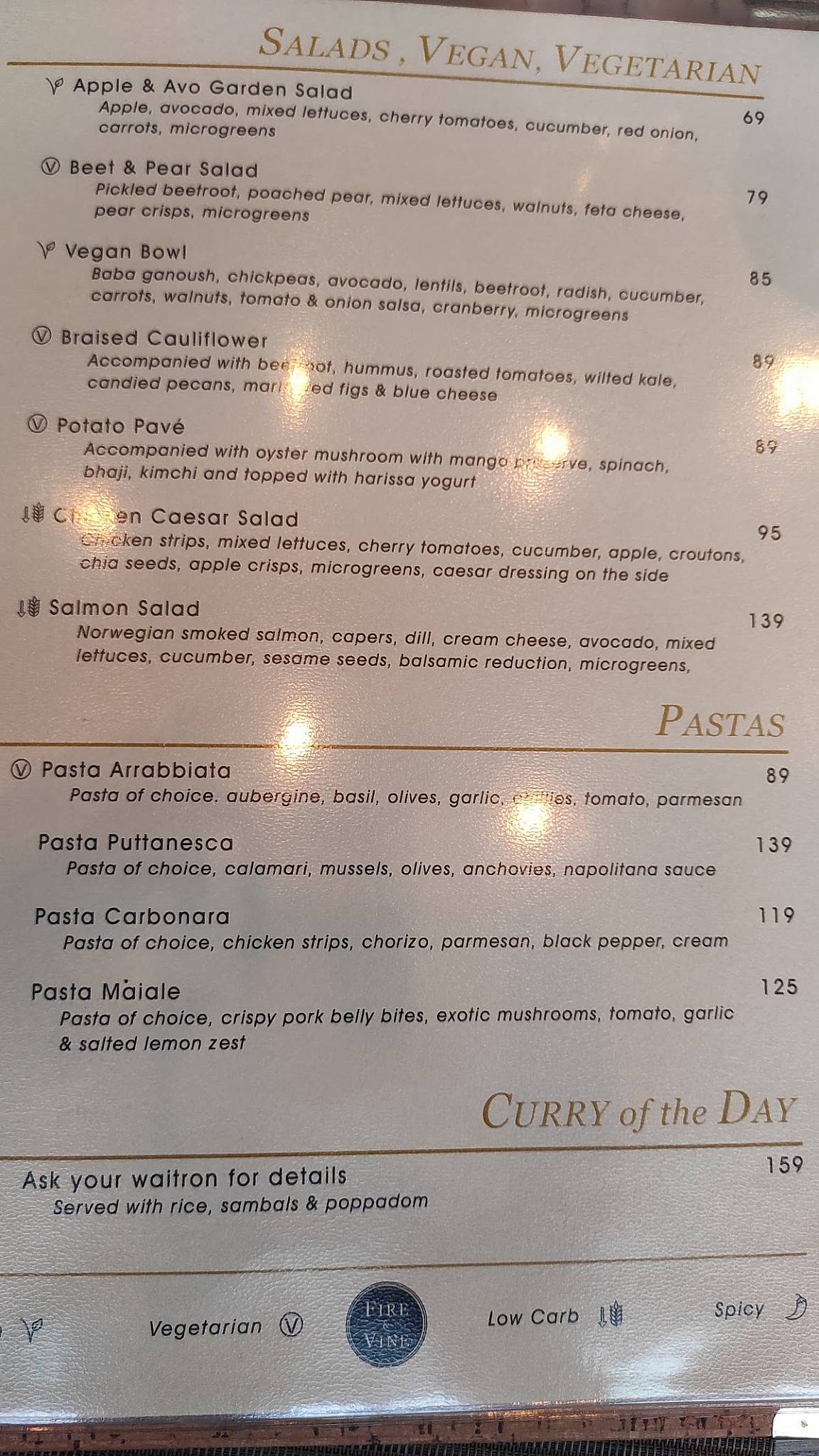 Menu at Fire & Vine restaurant, Pietermaritzburg, Athlone Circle