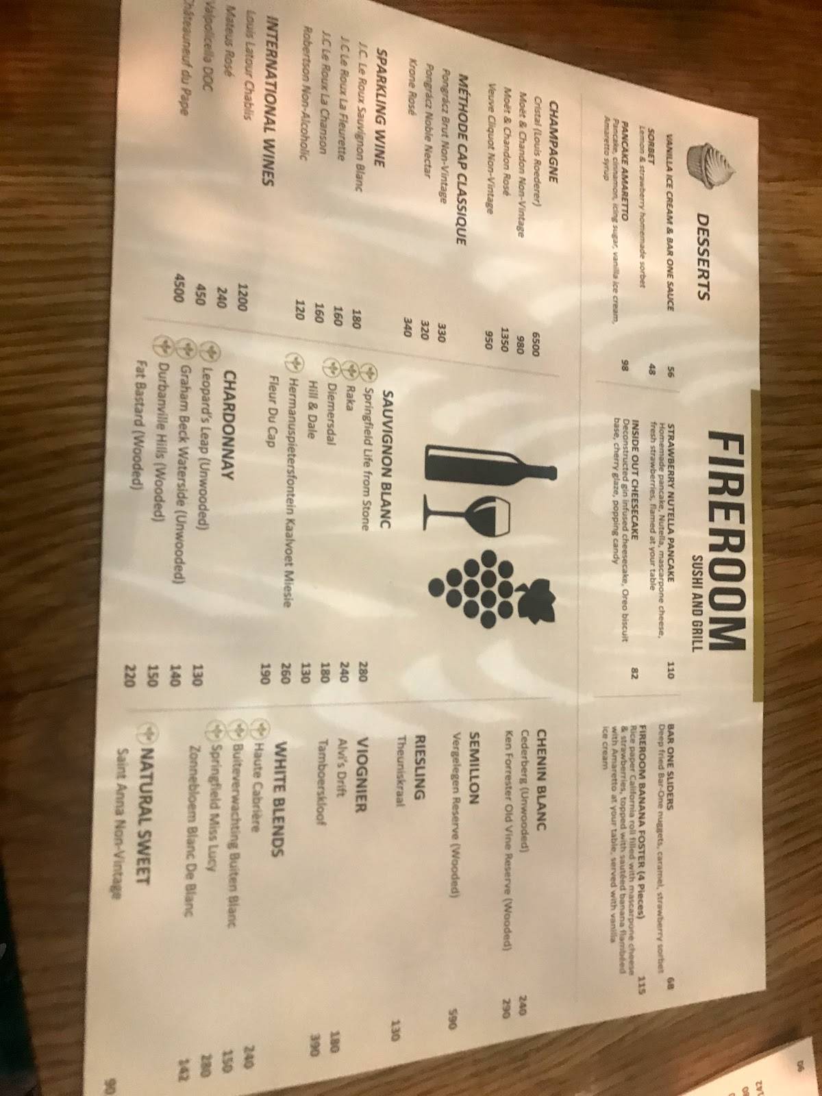 Menu at Fireroom Montecasino restaurant, Randburg, no. 64 Montecasino ...