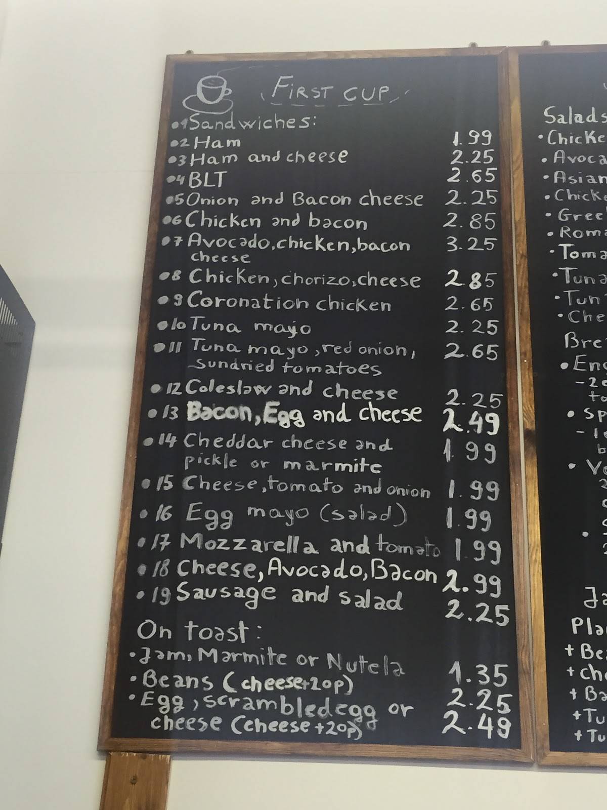 Carta del café First Cup, Hove