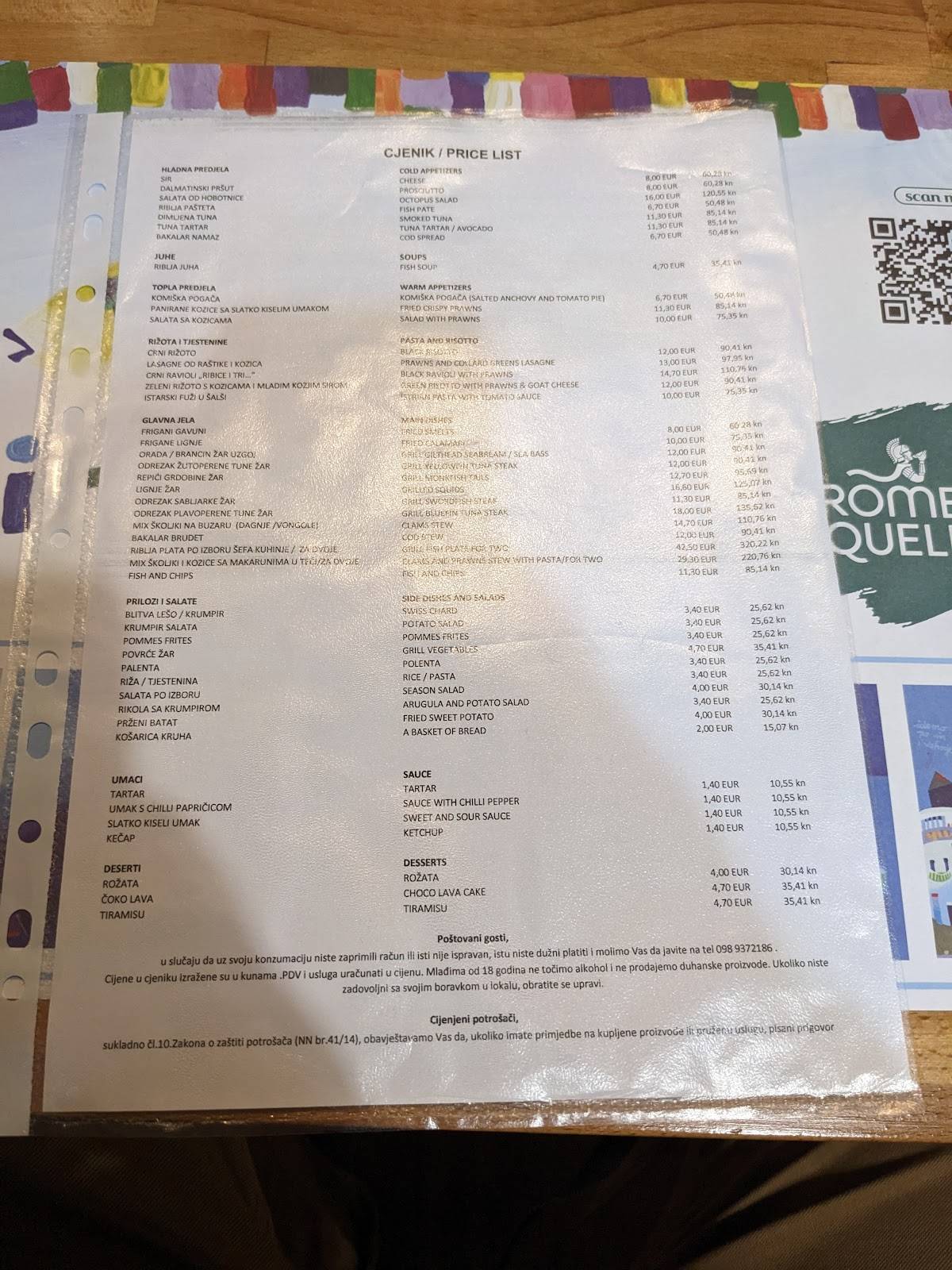 Menu at Fish _Restoran "Ribice i tri točkice" restaurant, Zagreb