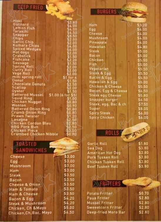 Menu at Fitzy's Fast Food, Auckland