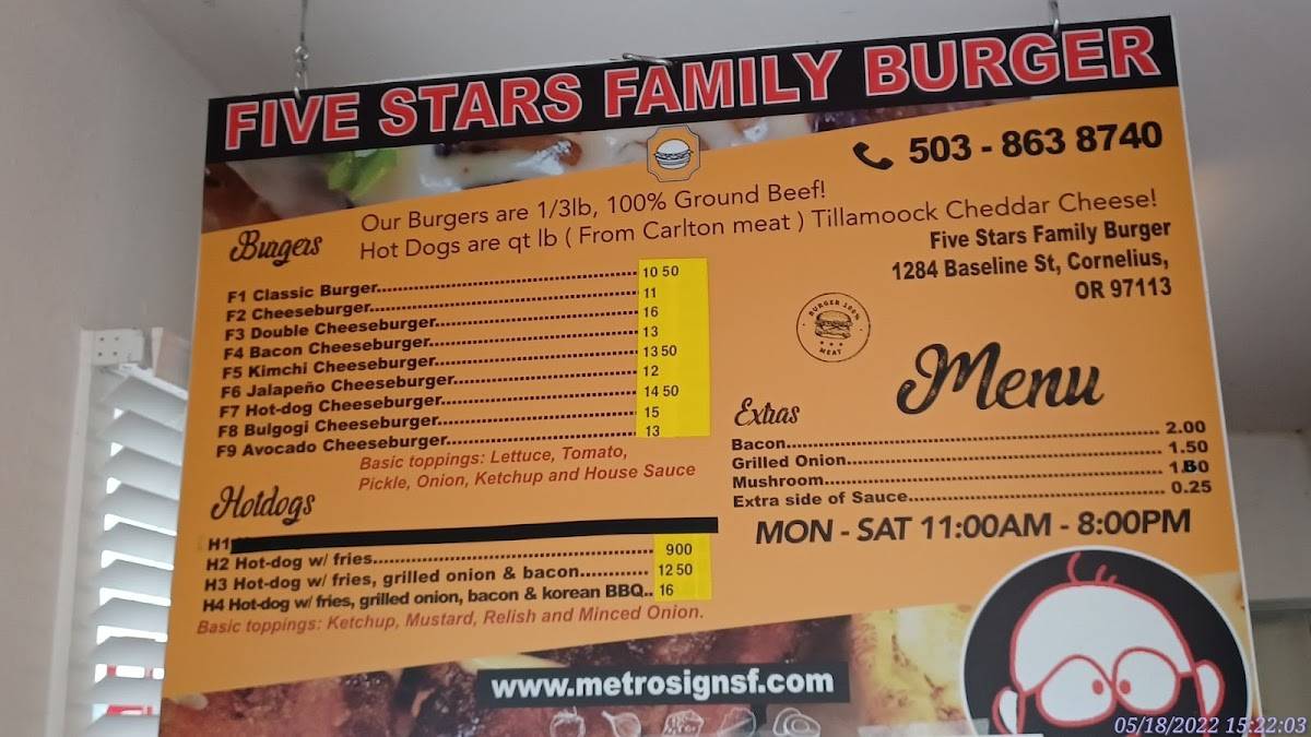 Menu at Five Stars Family Burger restaurant, Cornelius, E Baseline St