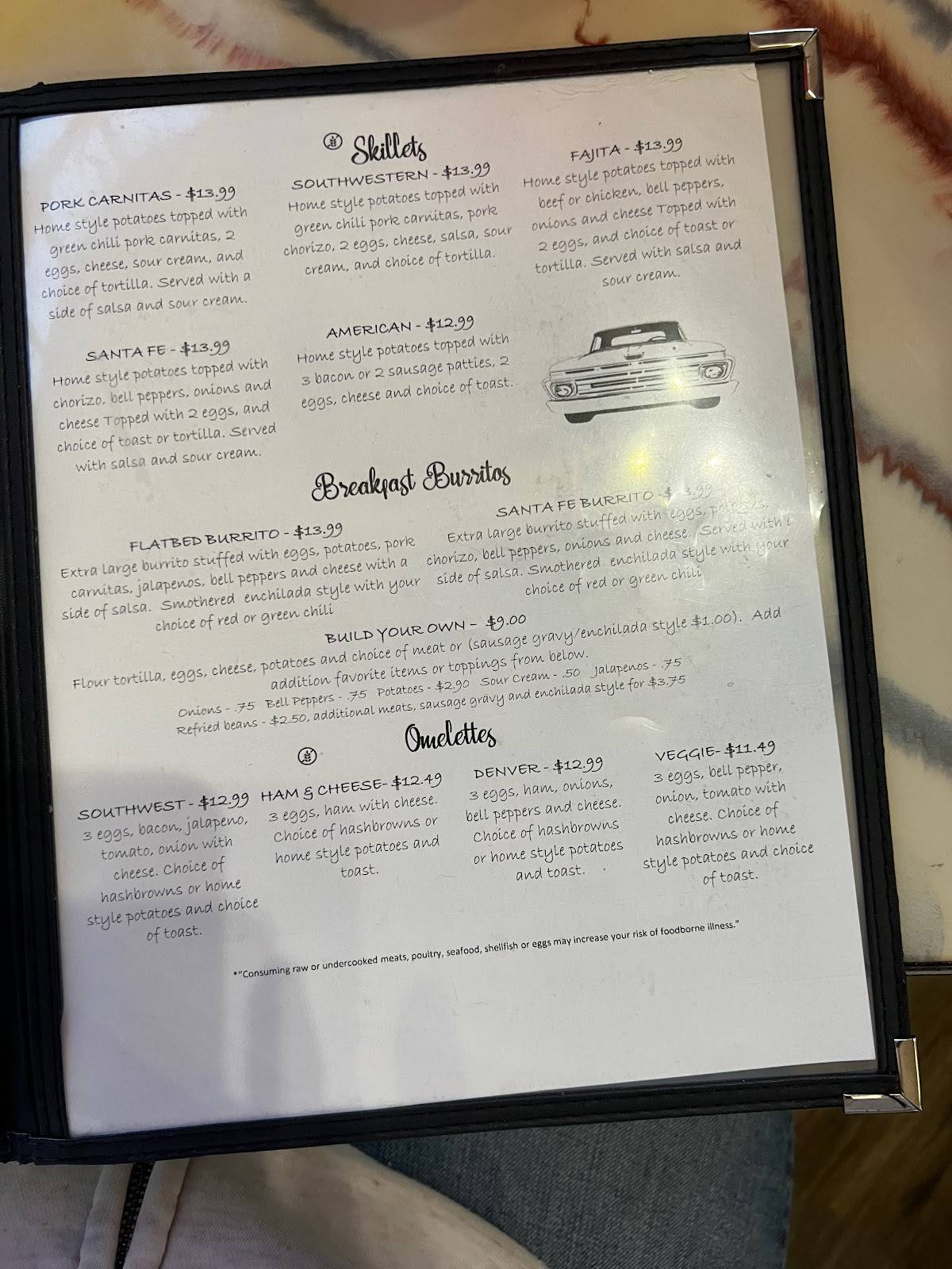 Menu at Flatbed Ford Cafe, Winslow
