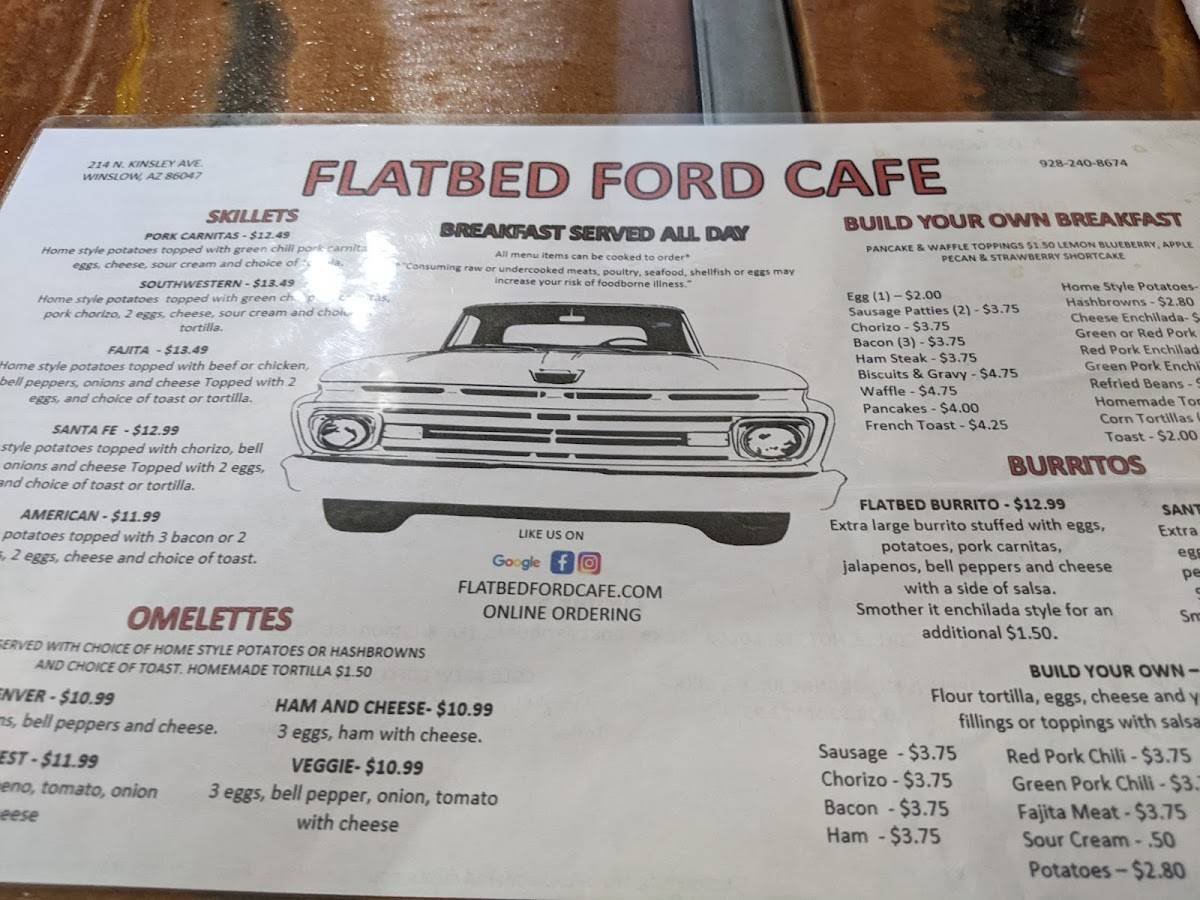 Menu at Flatbed Ford Cafe, Winslow