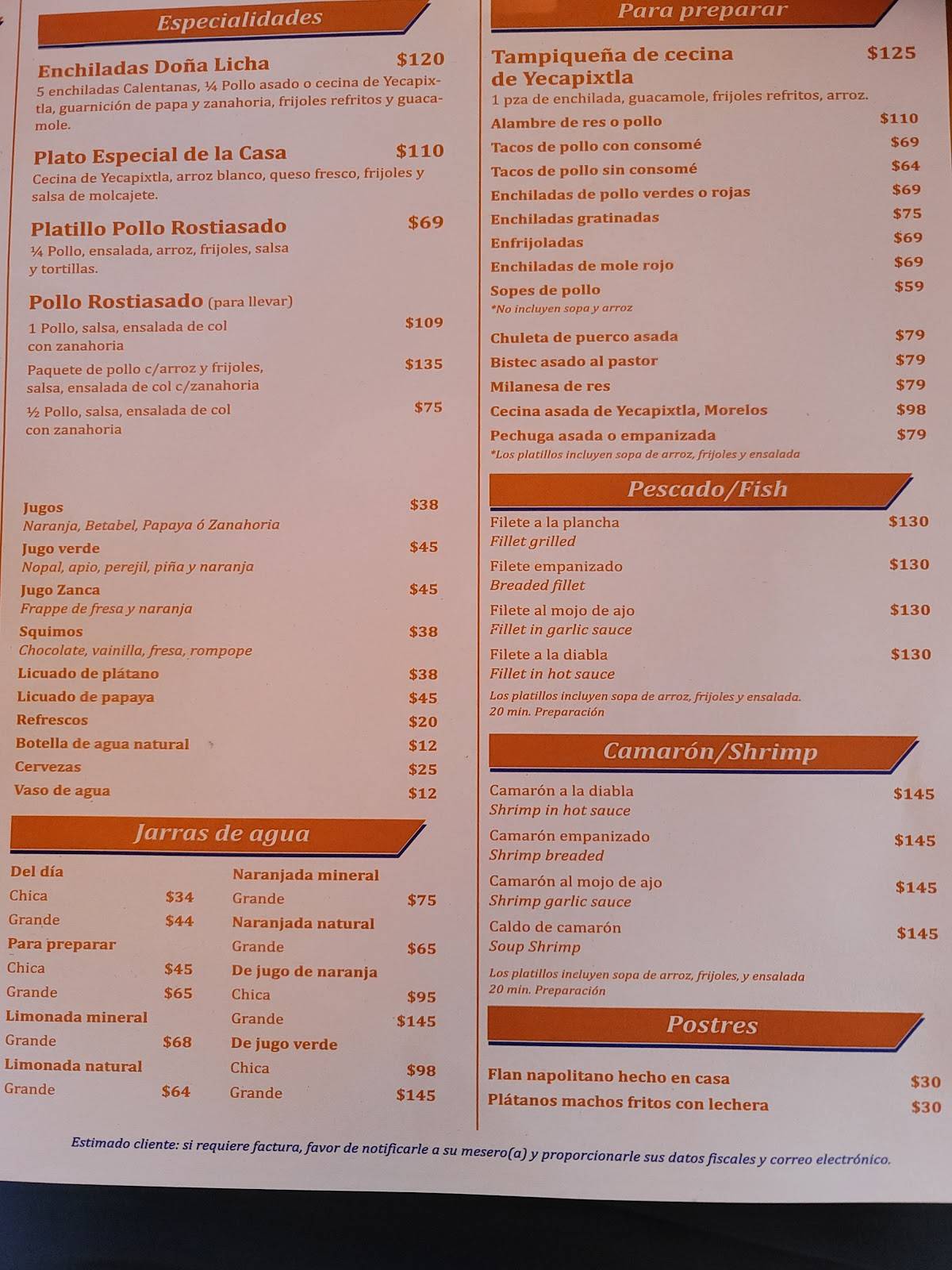 Menu at Fonda Doña Licha restaurant, Zihuatanejo