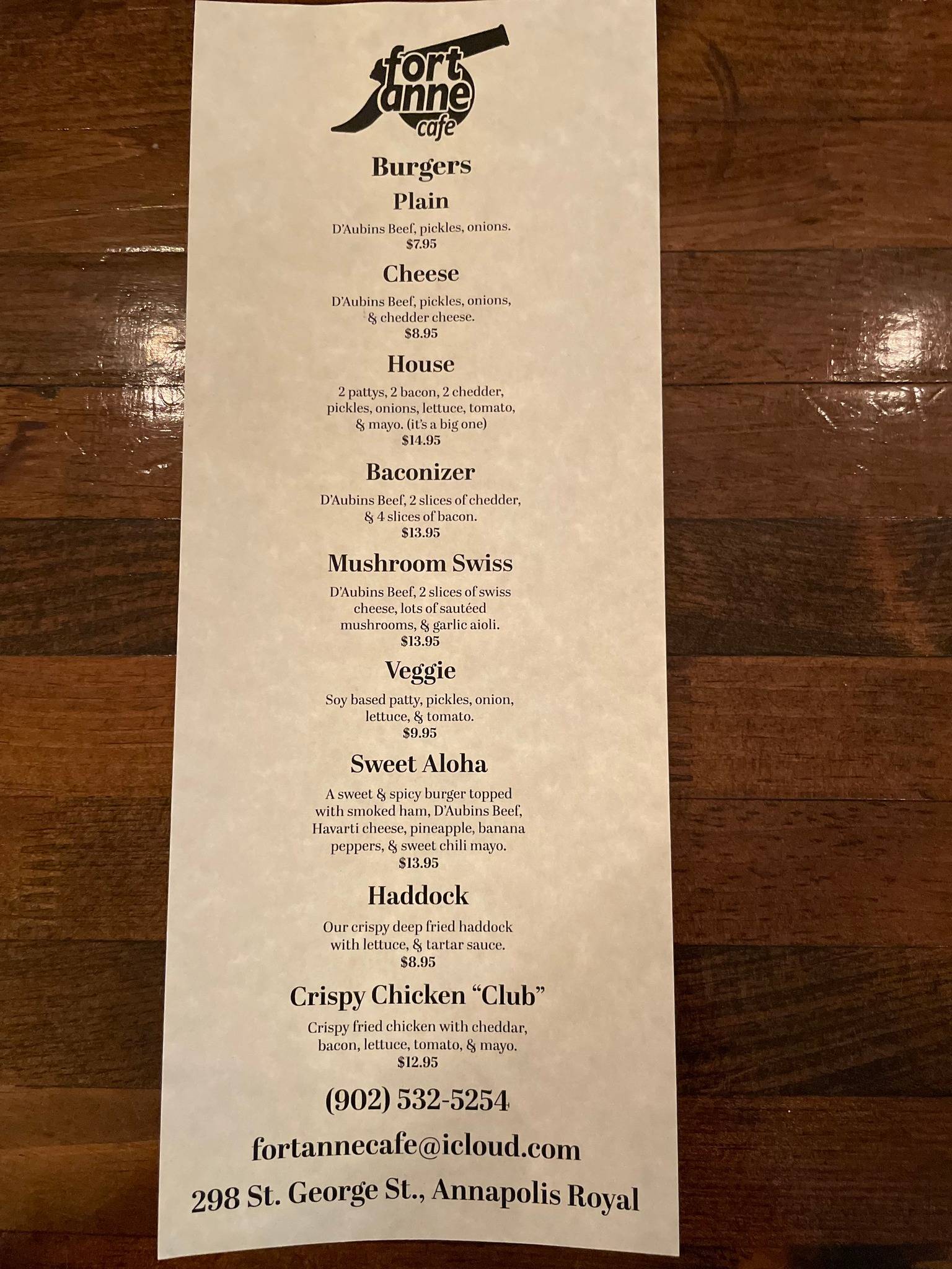 Menu at Fort Anne Cafe, Annapolis Royal