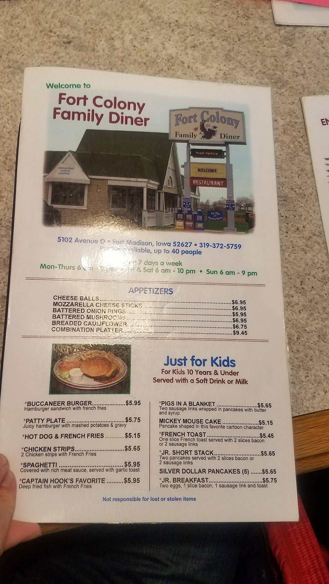 Menu at Fort Colony Restaurant, Fort Madison