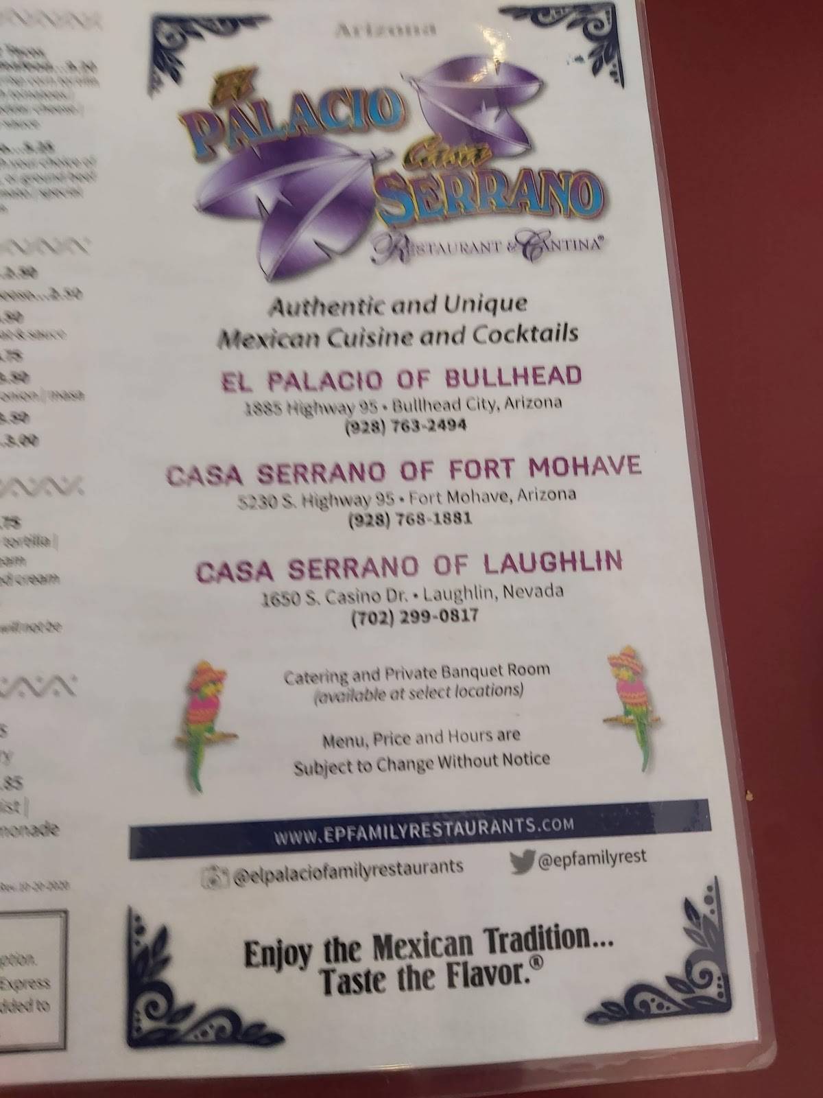 Menu at Casa Serrano Mexican Restaurant, Fort Mohave, AZ-95