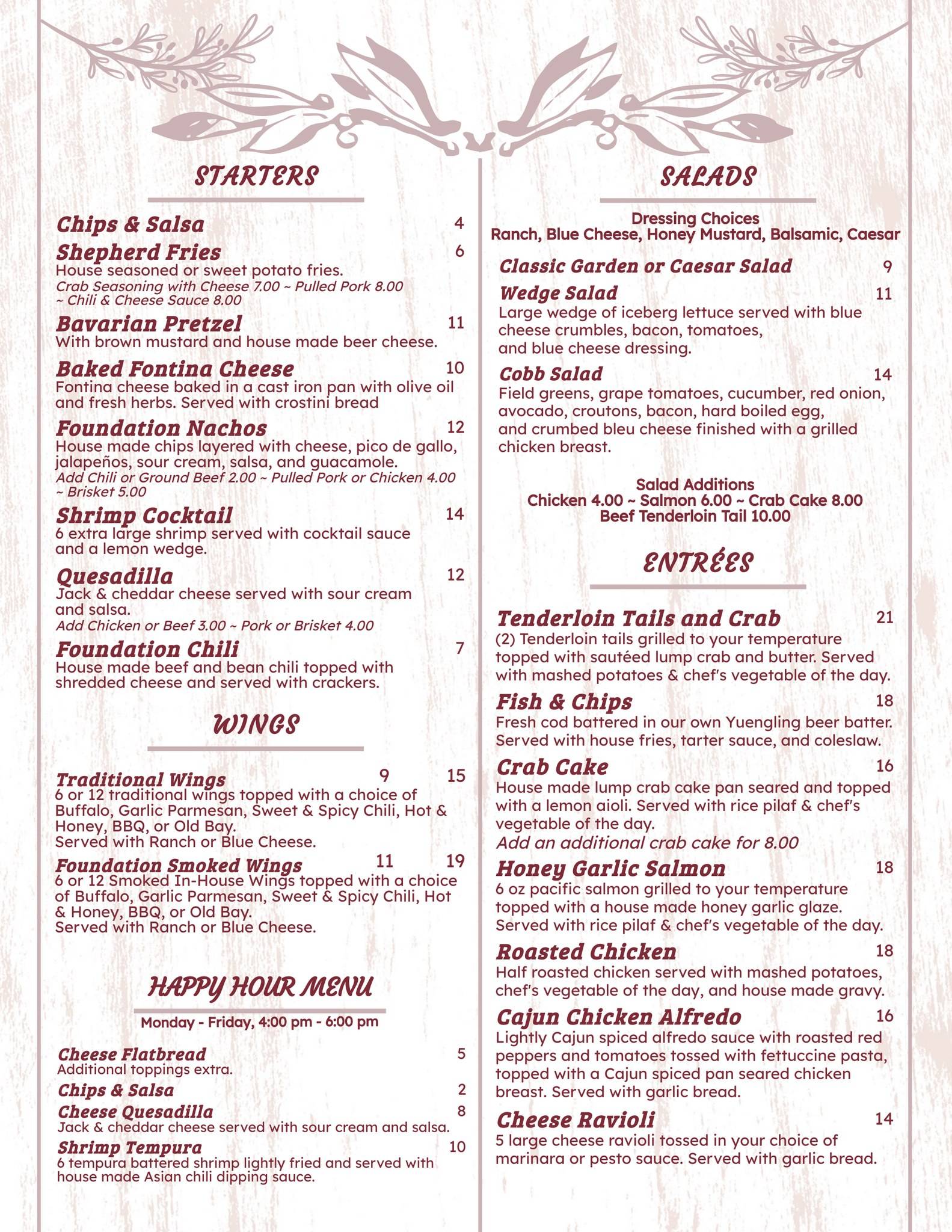 Menu at Foundation Tavern pub & bar, Wescosville