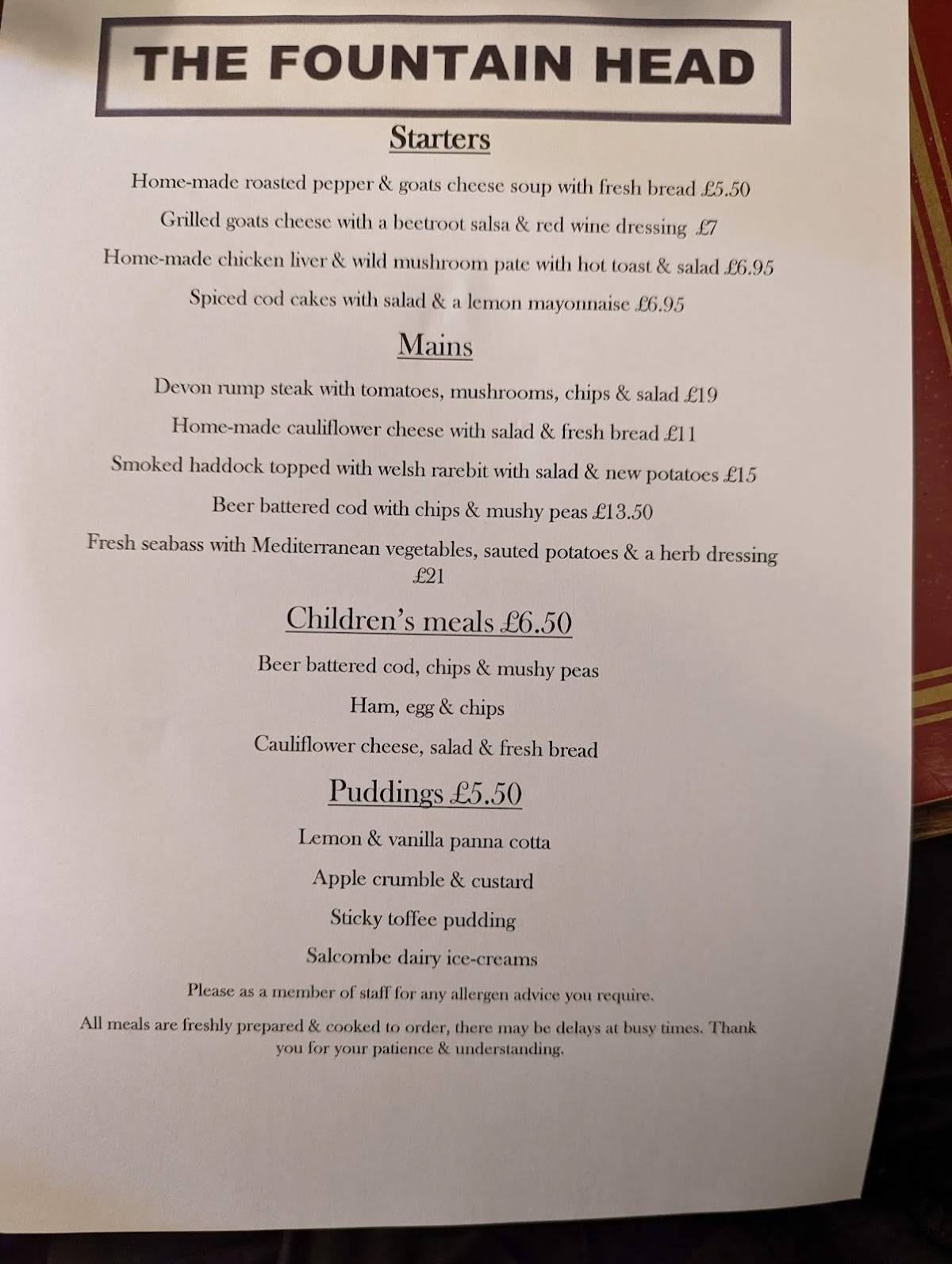 Menu at Fountain Head Inn pub & bar, Branscombe, Fountain Head House