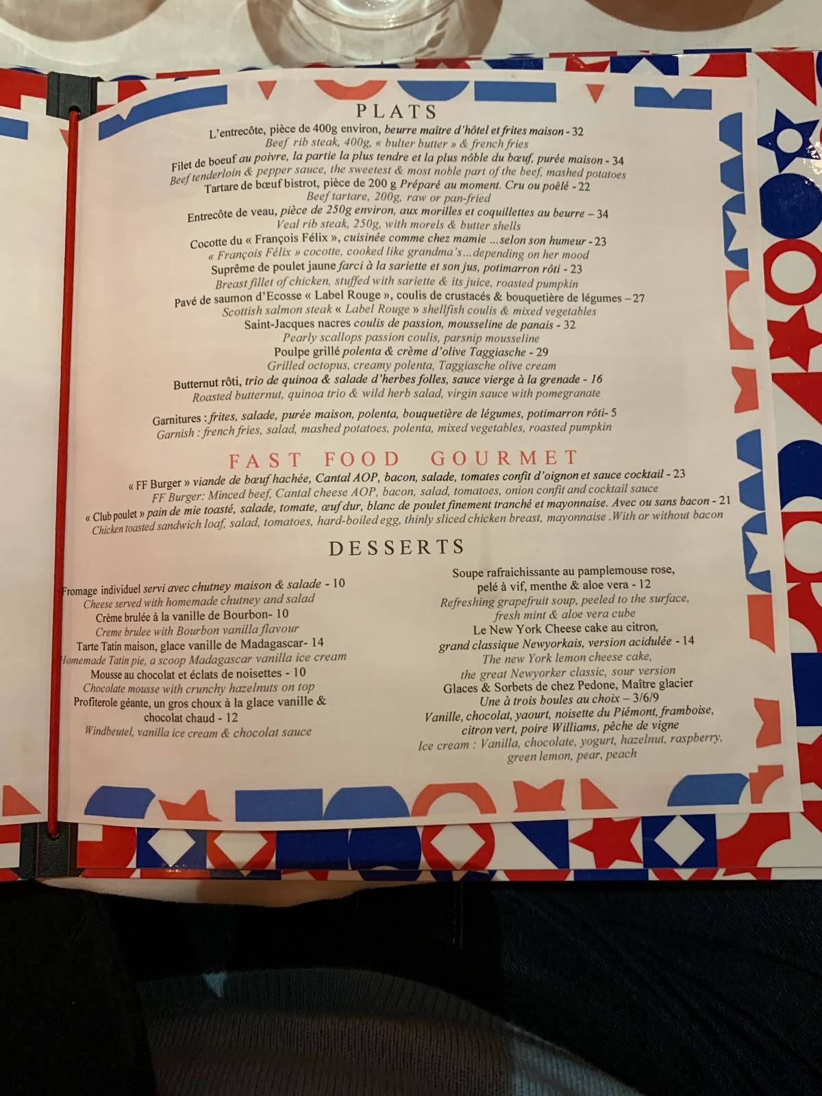 Menu at François Félix restaurant, Paris