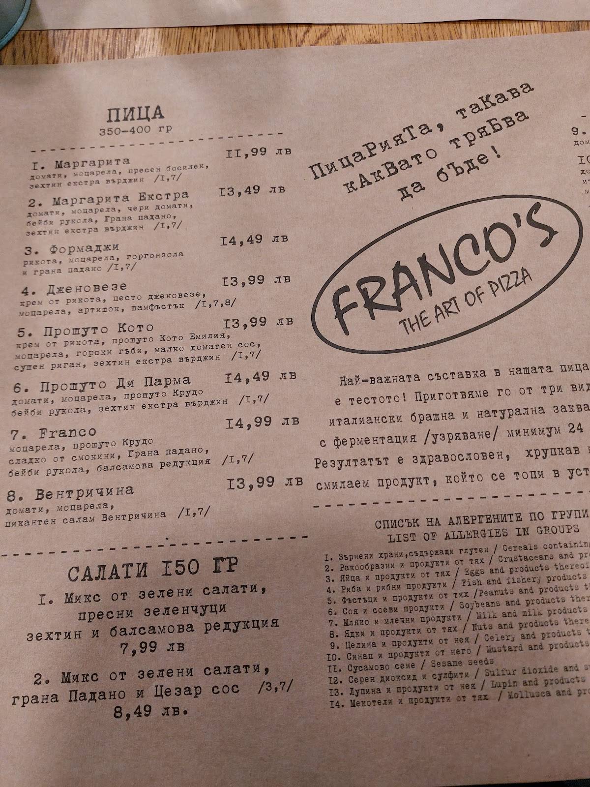Menu at Franco's Pizza restaurant, Sofia, ul. "Han Asparuh" 37