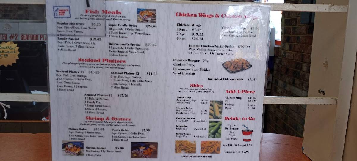 Menu at Fred's Fish Fry restaurant, San Antonio, Blanco Rd