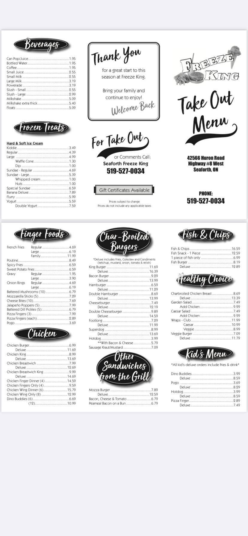 Menu at Freeze King restaurant, Huron East, Huron Rd