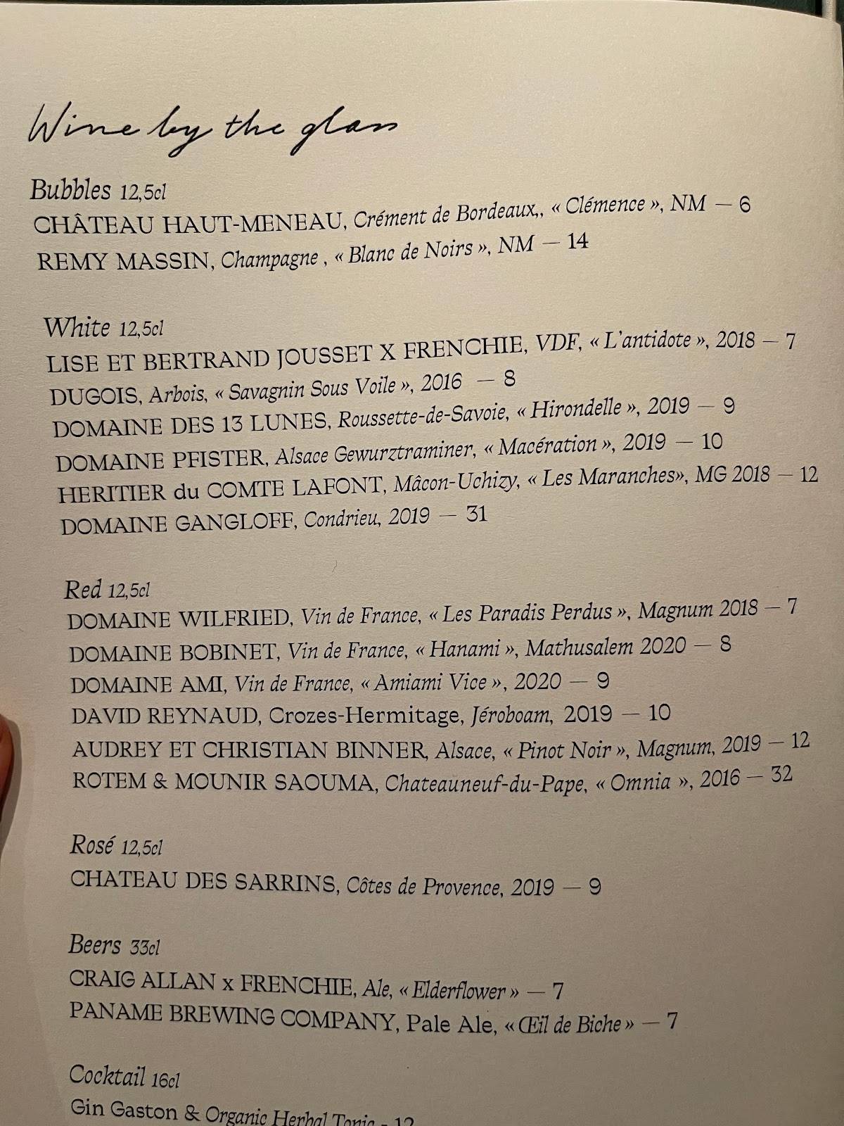 Menu at Frenchie restaurant, Paris, 5 Rue du Nil