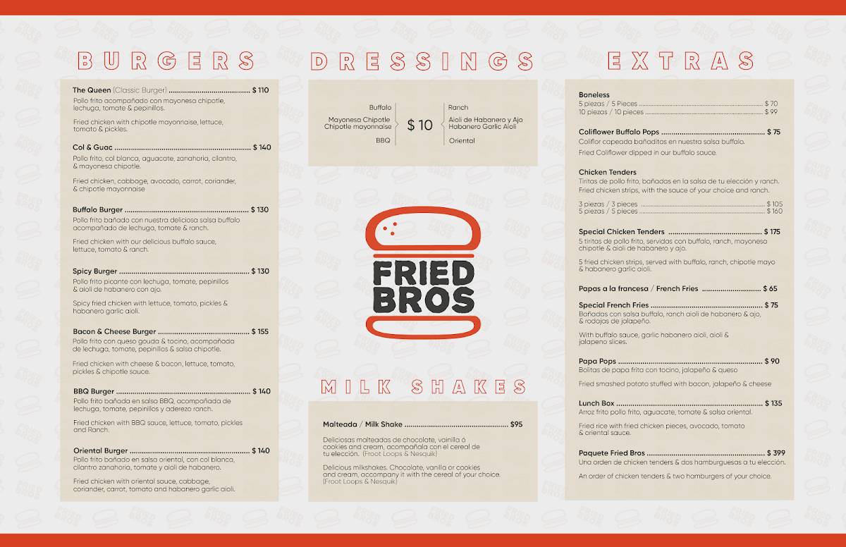 Menu at Fried Bros restaurant, San Miguel de Cozumel