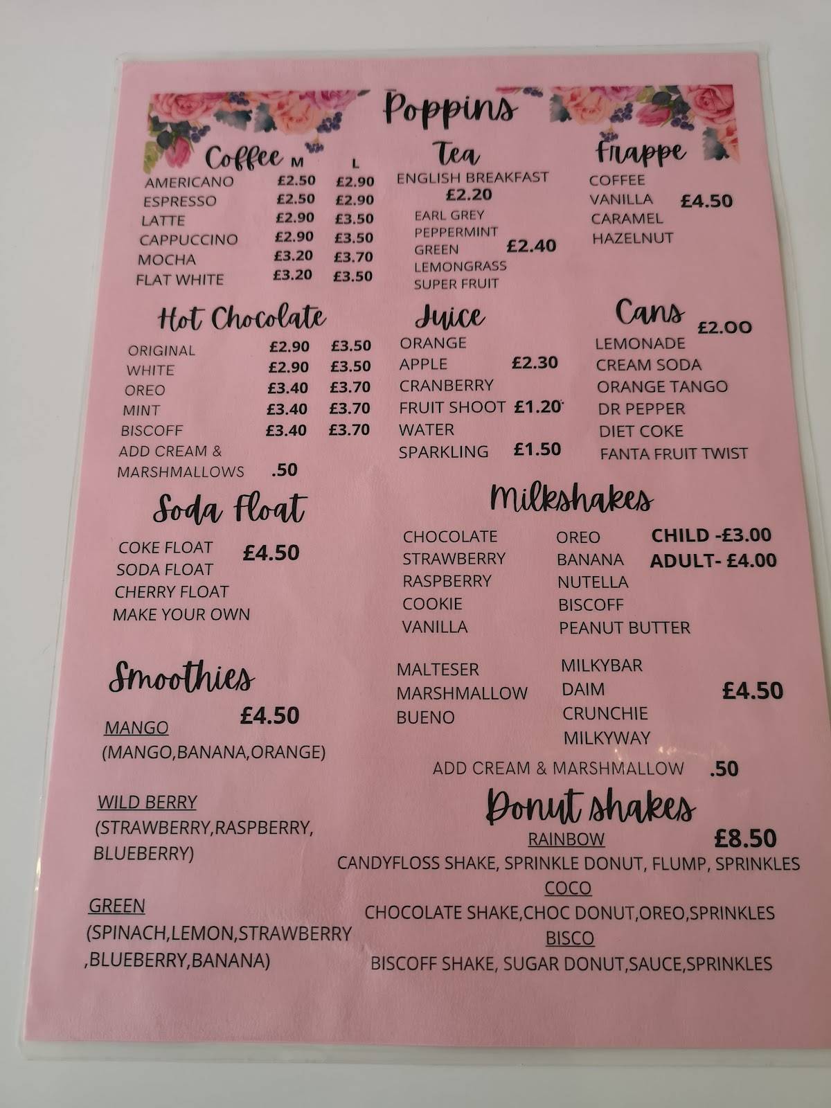 Menu at Poppins cafe, Frinton-on-Sea