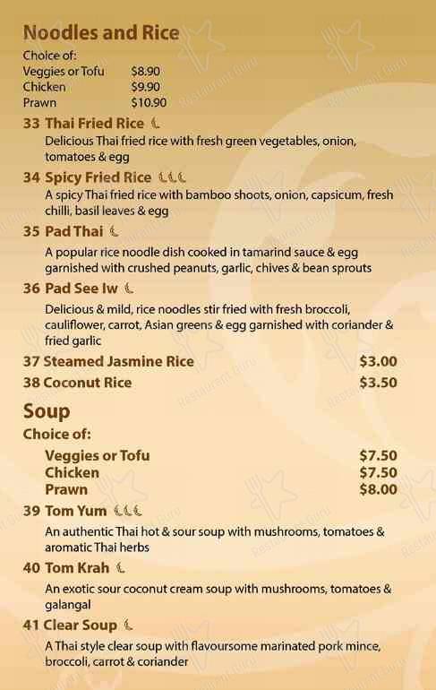 Menu at Garland Thai restaurant, Cashmere