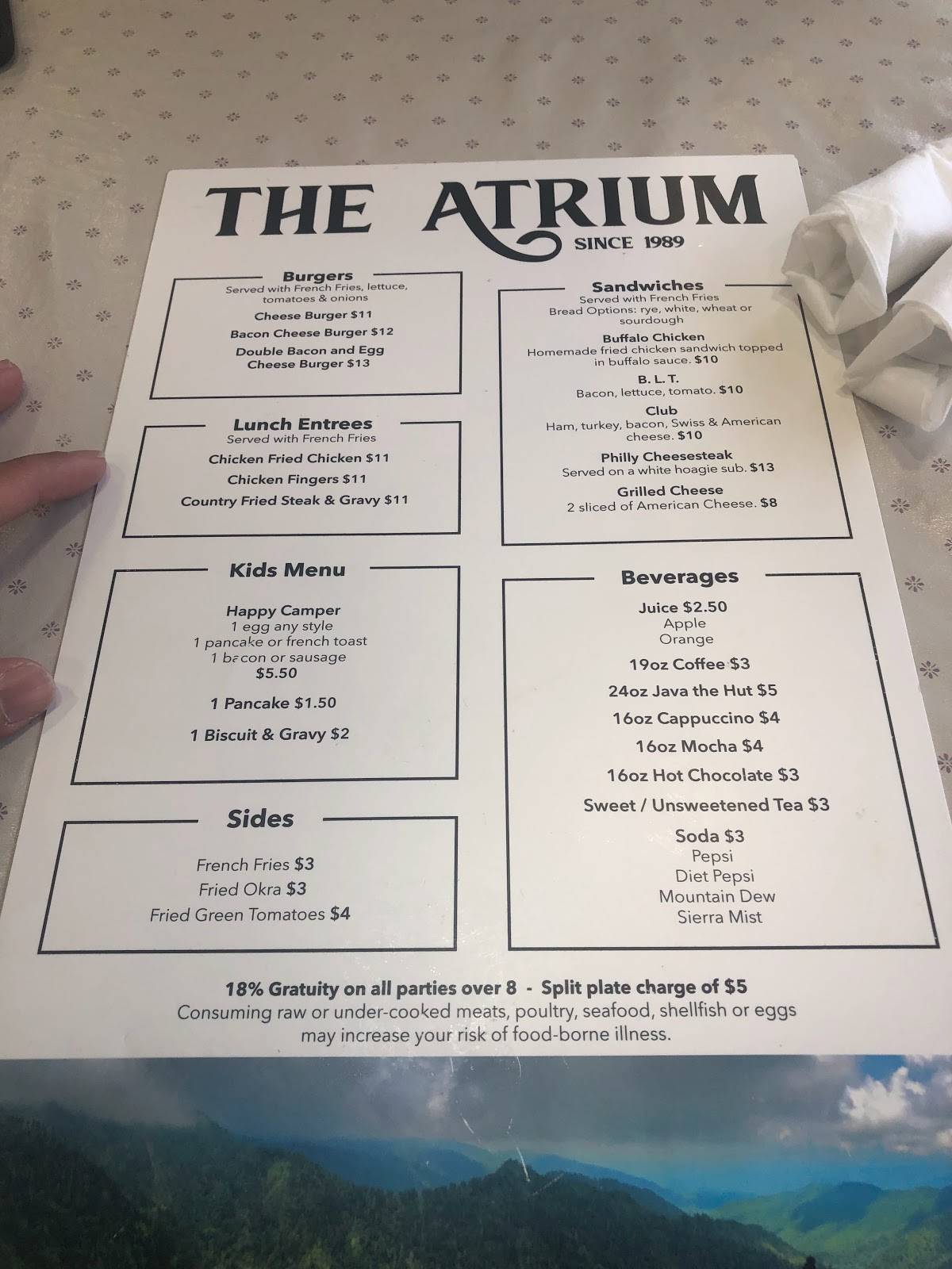 Menu at Atrium Restaurant, Gatlinburg