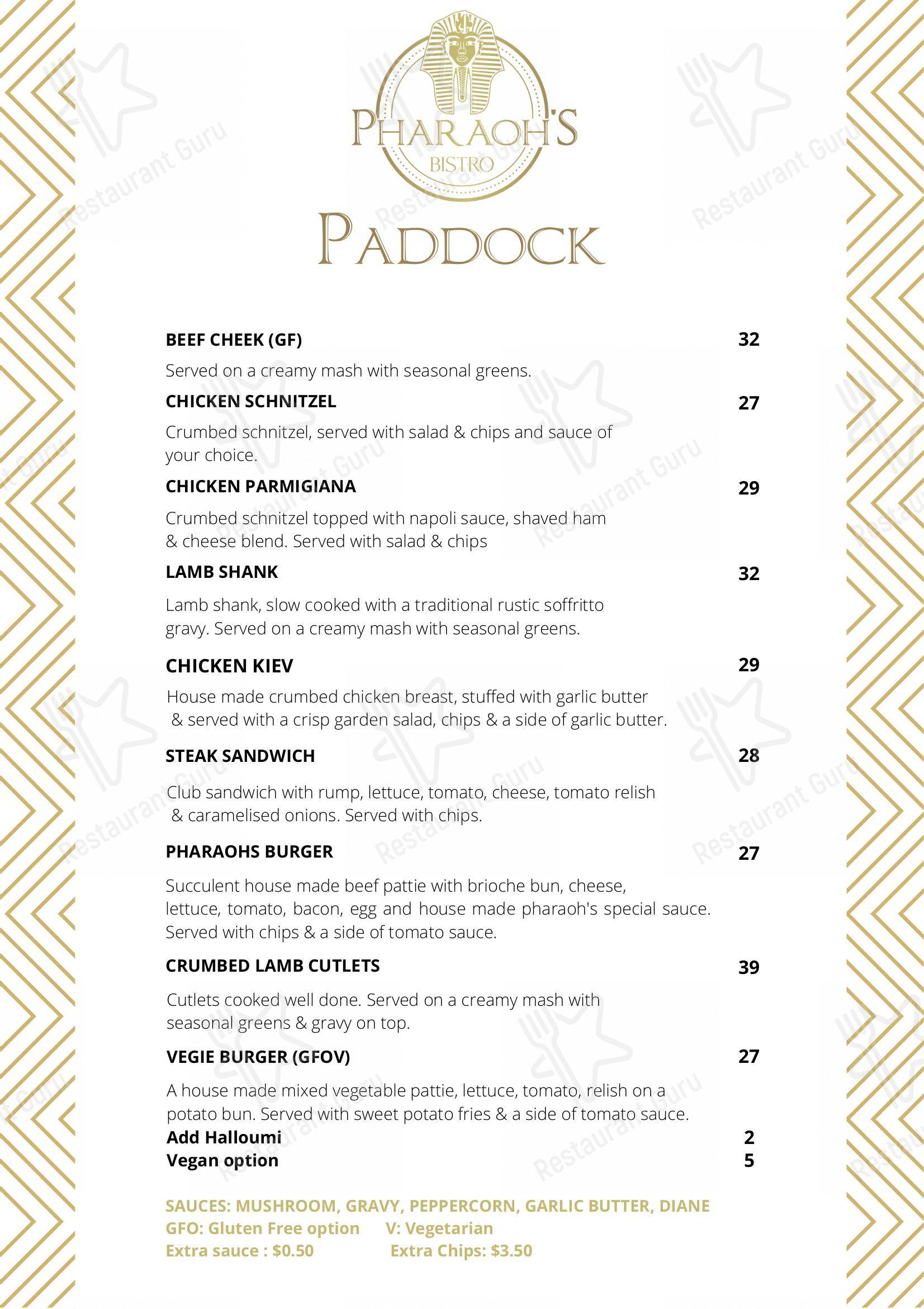 Menu at Pharaoh's Bistro pub & bar, North Geelong