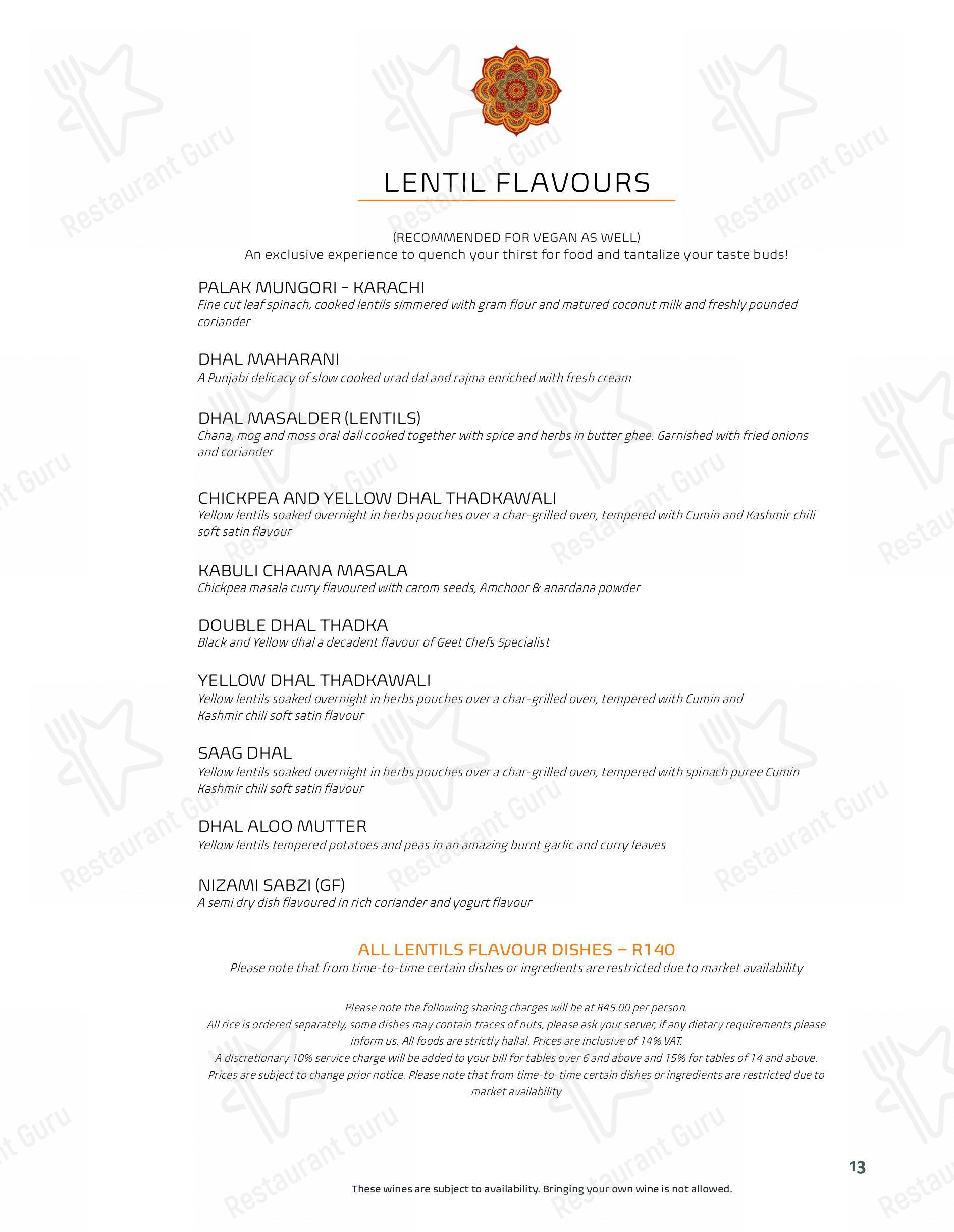 Menu at Geet Indian Restaurant, Pretoria