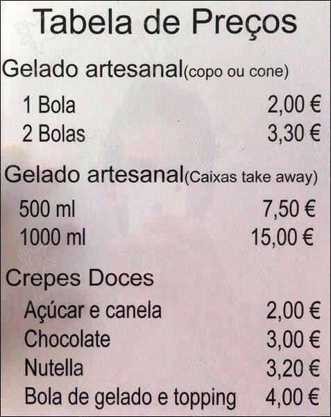 Menu at Gelato Mio desserts, Lisbon, Centro Comercial de Alvalade