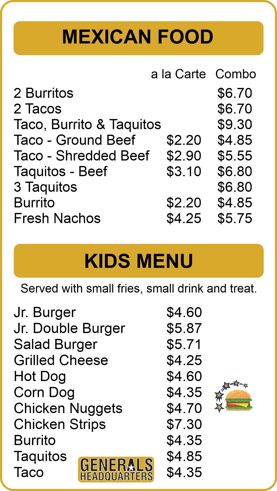 Menu at Generals Headquarters restaurant, Shafter