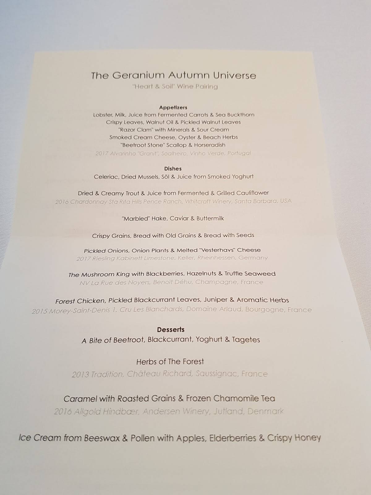 Menu at Geranium restaurant, Copenhagen