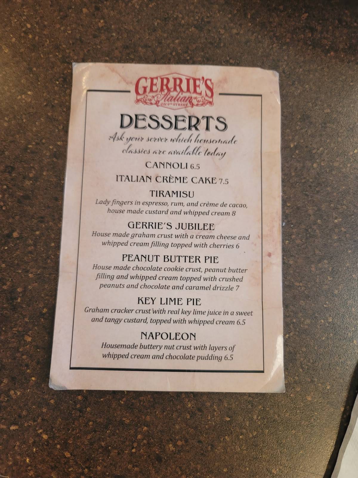 Menu at Gerrie's restaurant, Clinton