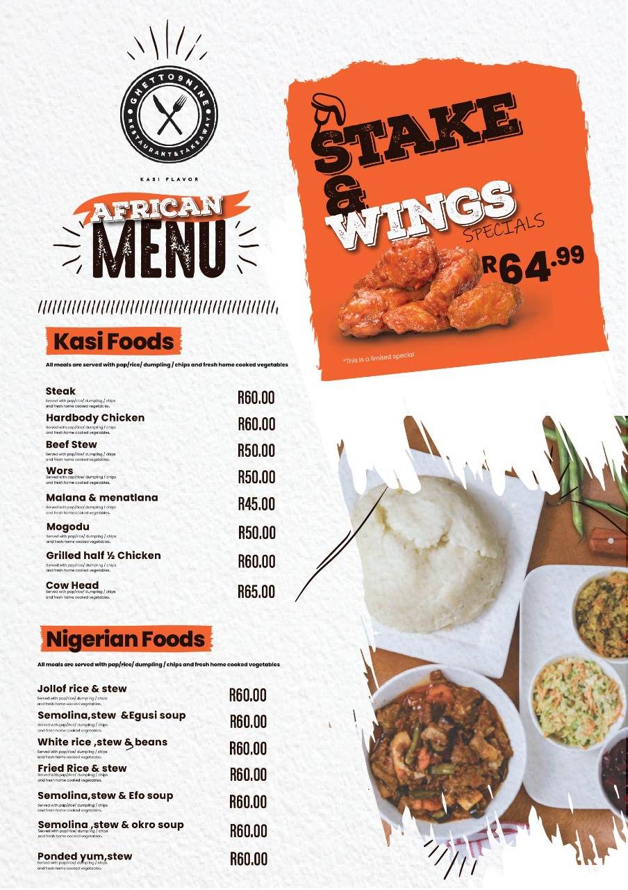 Menu at Ghetto 9Nine, Polokwane