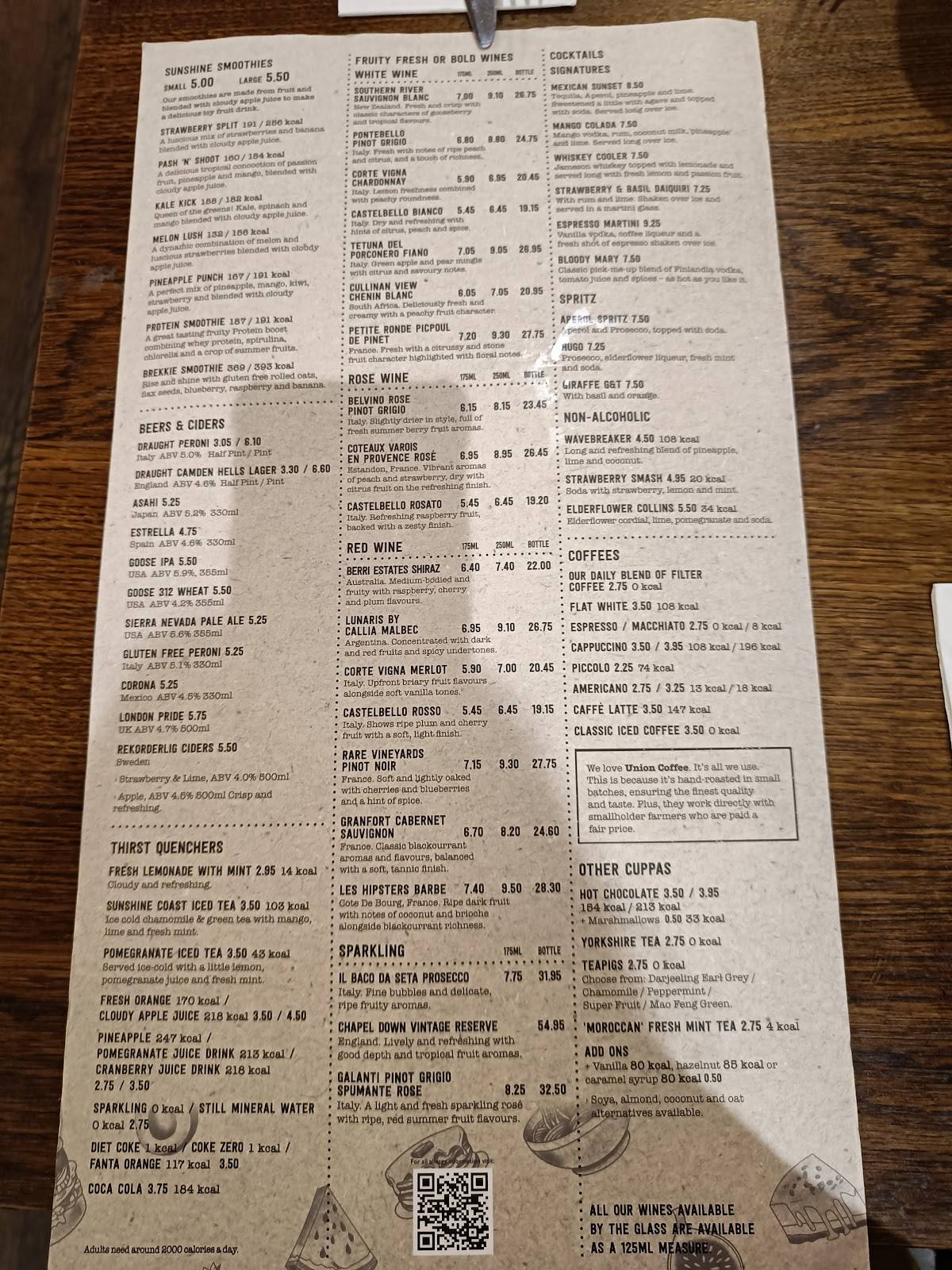 Menu at Giraffe restaurant, Crawley, London Gatwick Airport