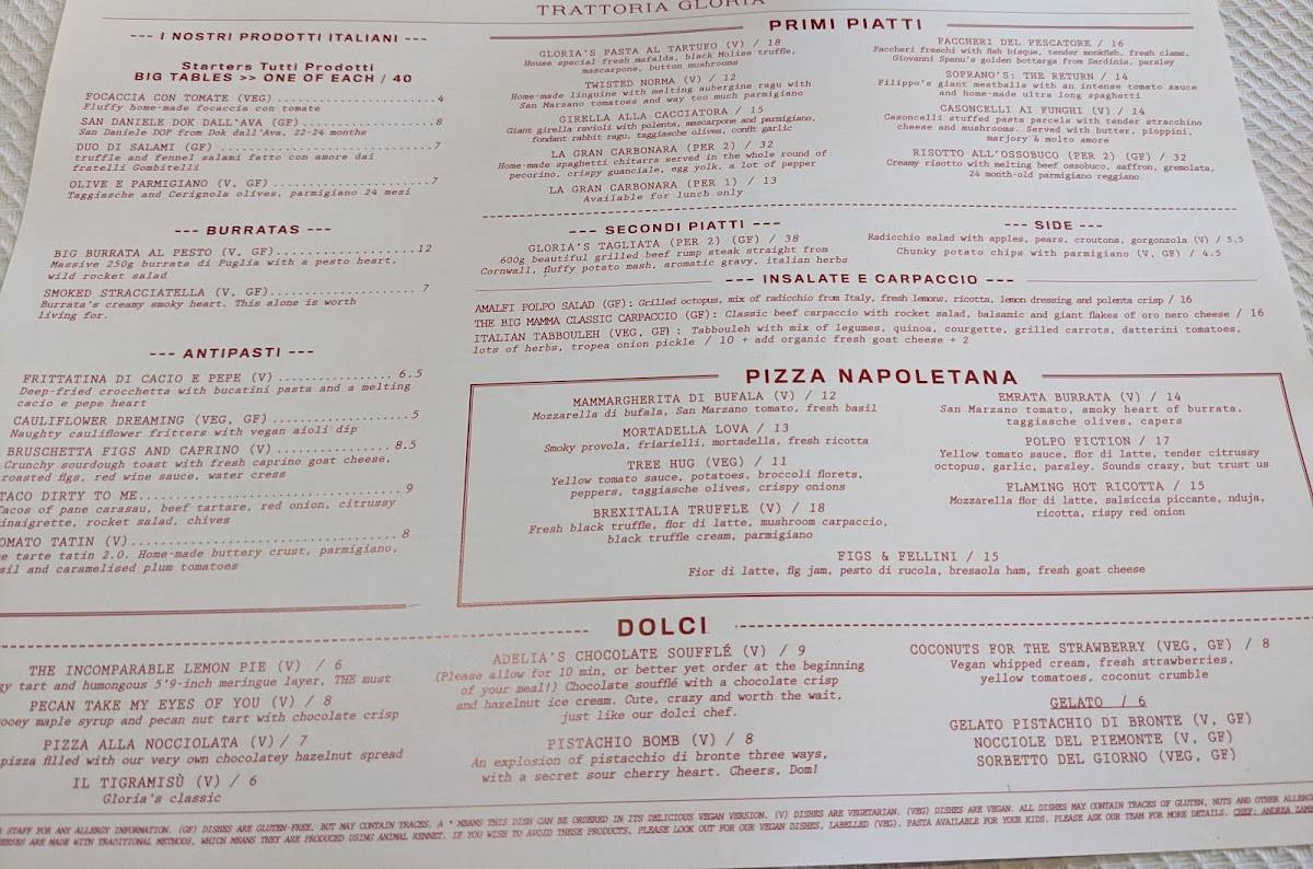 Menu at Gloria restaurant, London, 54-56 Great Eastern St