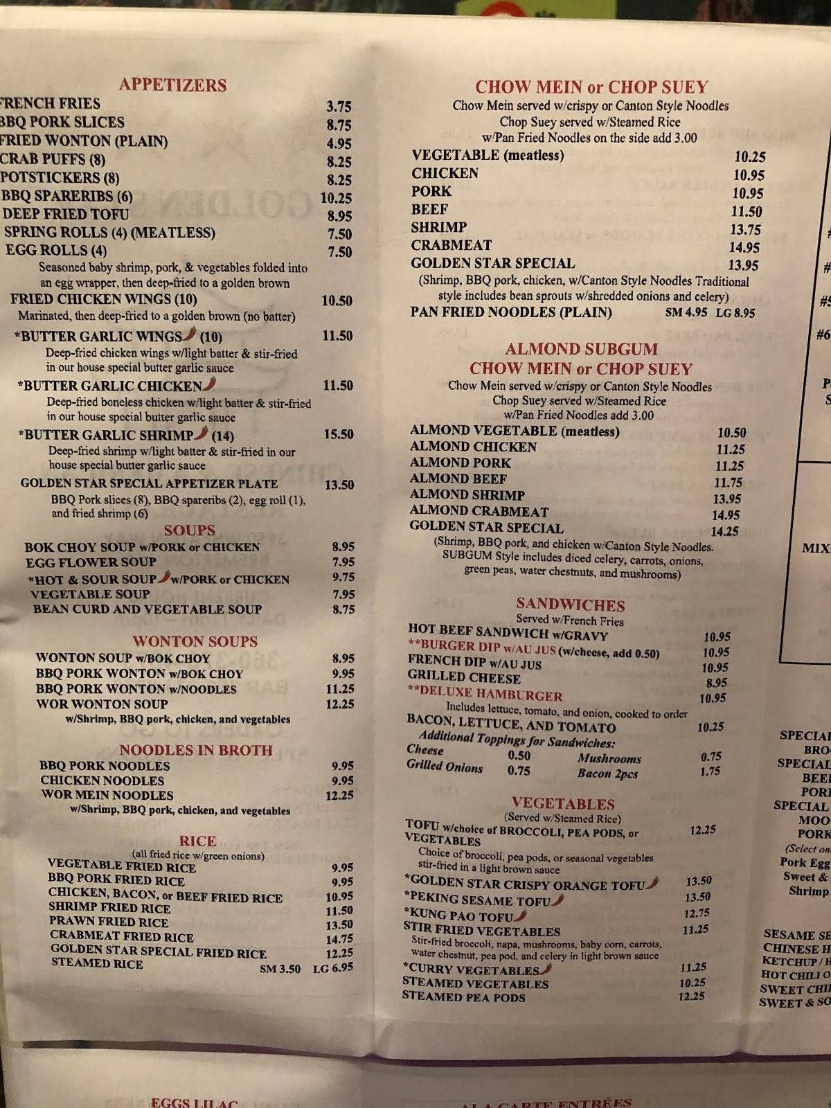 Menu at Golden Star Chinese & American Restaurant, Bremerton